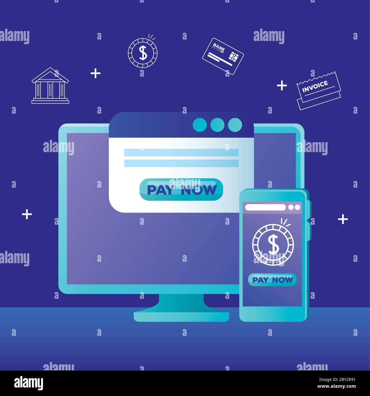 Computer smartphone and website with pay now button vector design Stock ...
