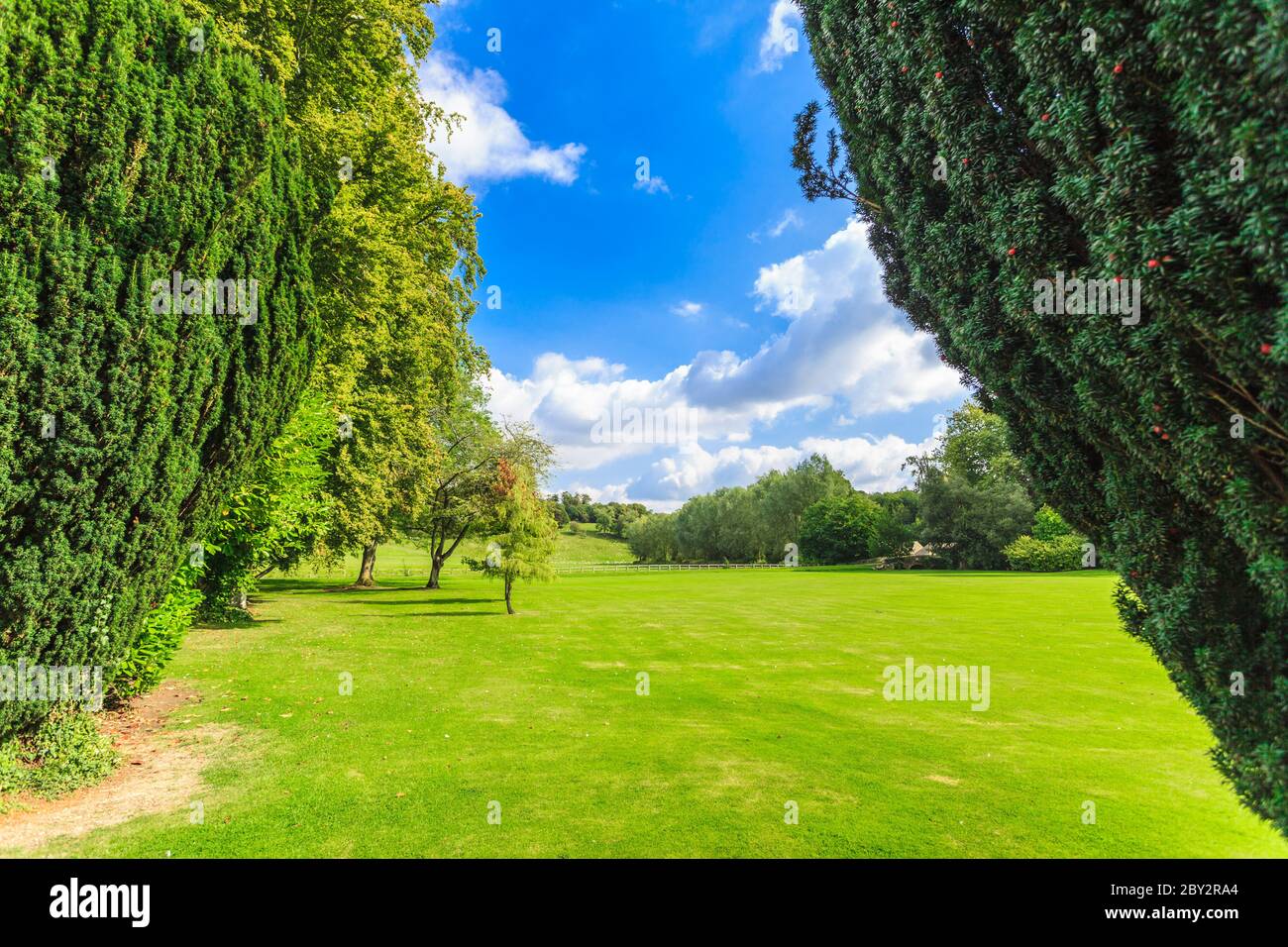 Beauty in nature summer landscape. Countryside view of green fields in ...