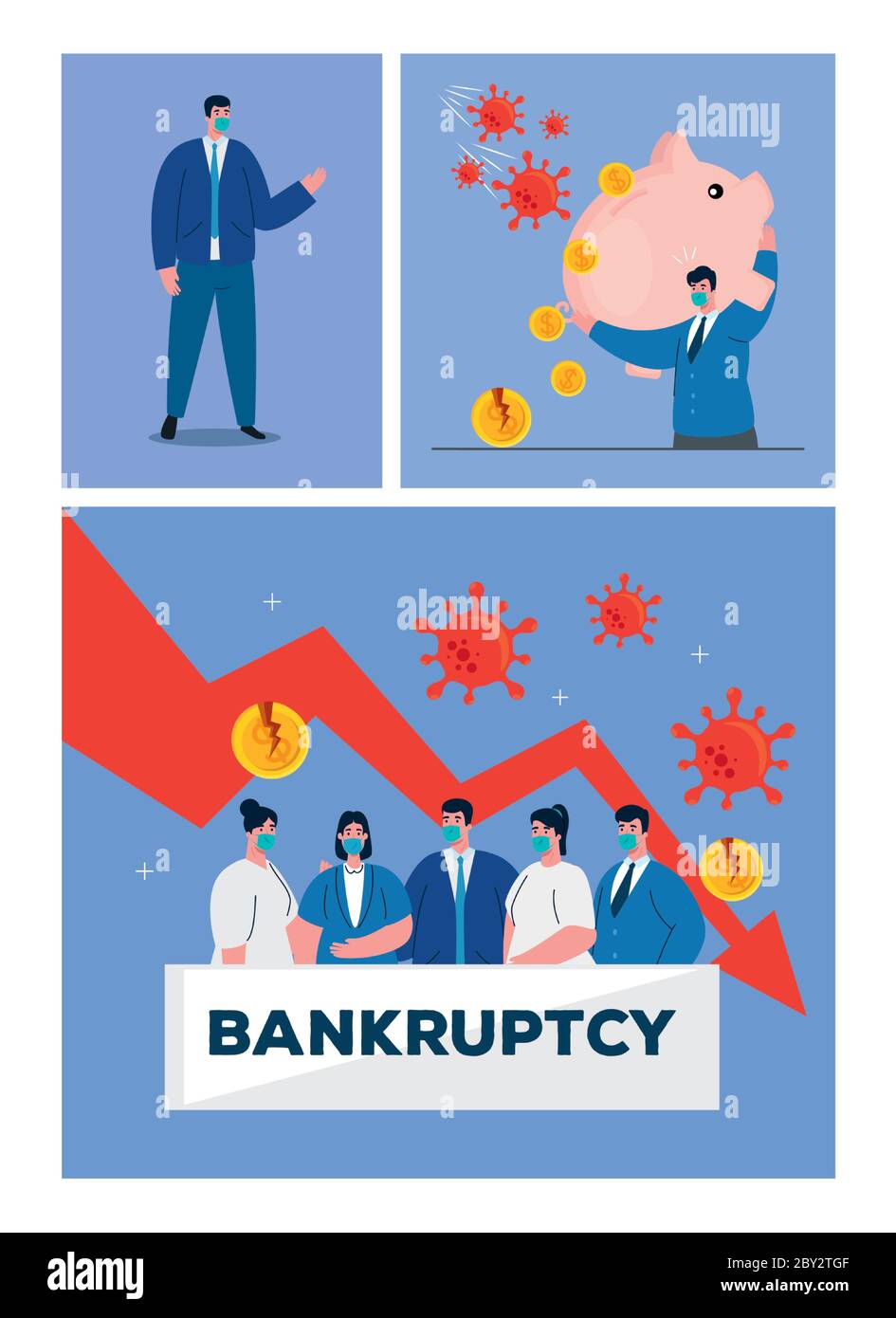 businesspeople with masks piggy and decrease arrow of bankruptcy vector ...