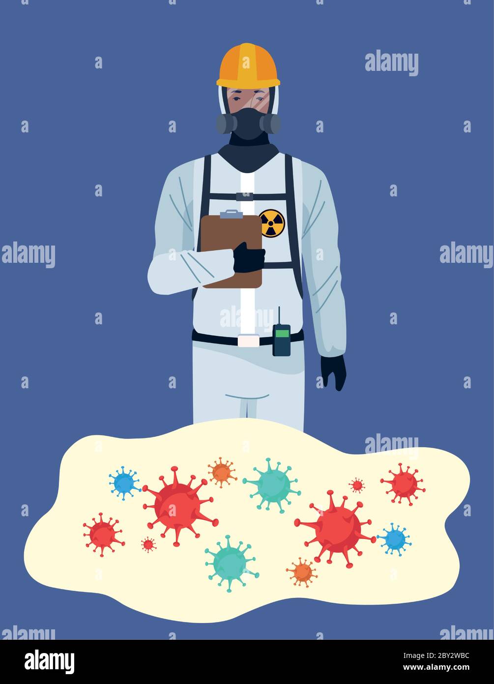 biosafety worker with biohazard suit and covid19 particles vector ...