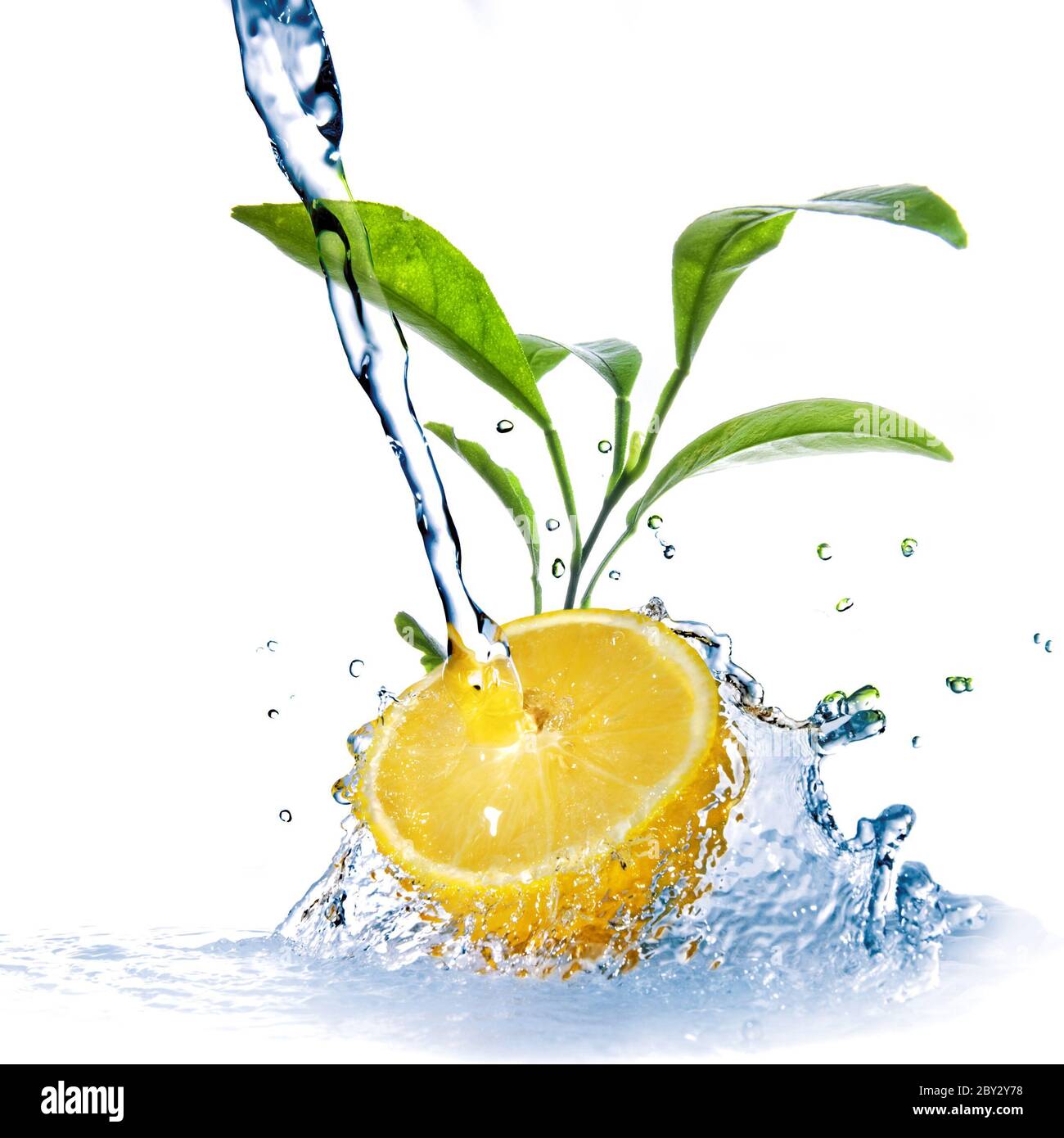 water drops on lemon with green leaves isolated on white Stock Photo ...