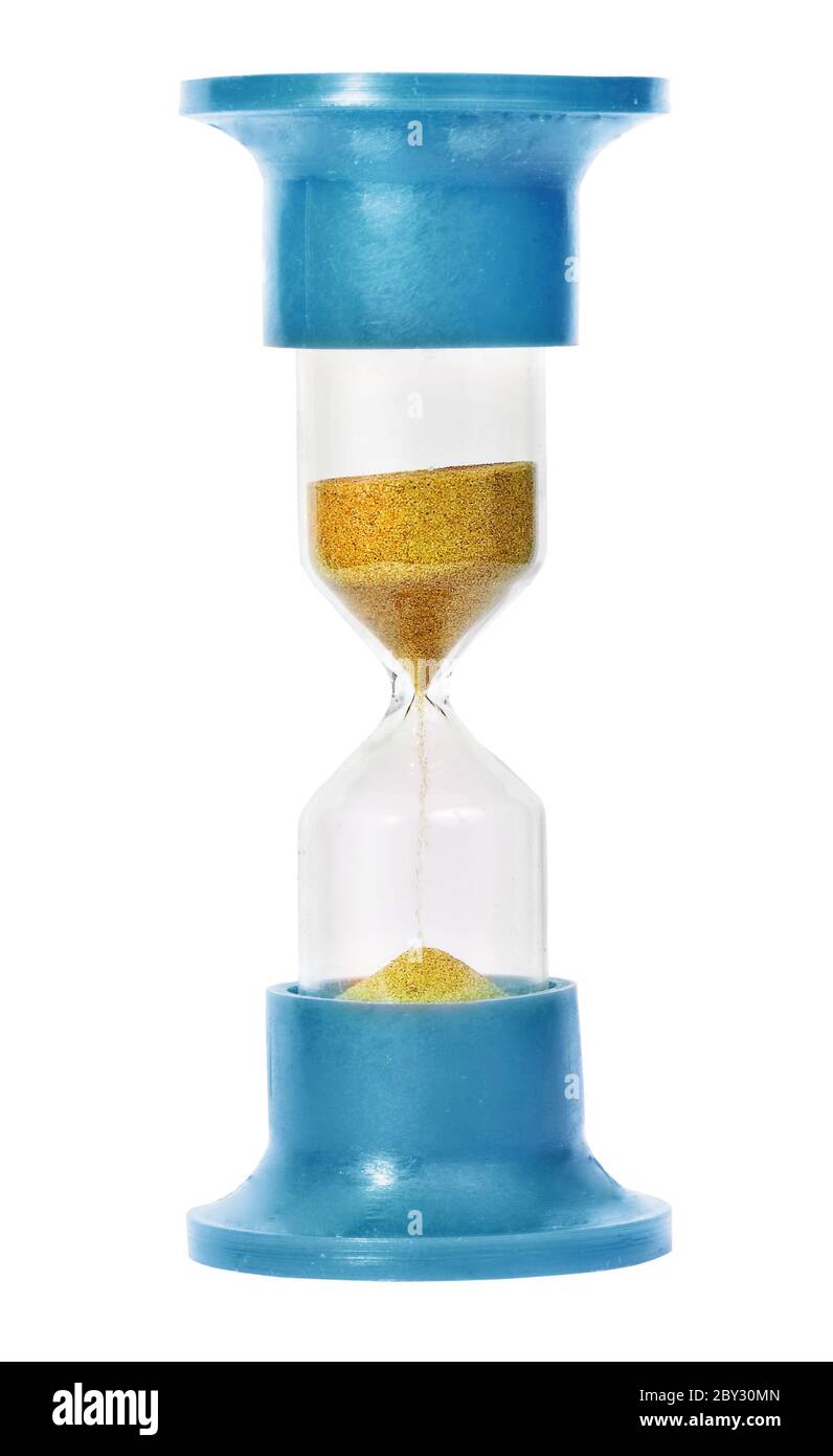 Blue sand-glass with fallen sand isolated Stock Photo - Alamy