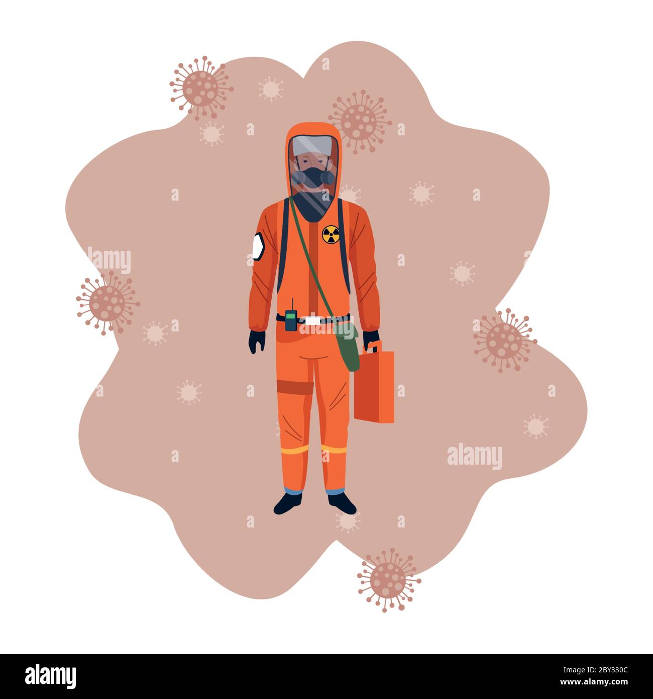 biosafety worker with biohazard suit and covid19 particles vector ...