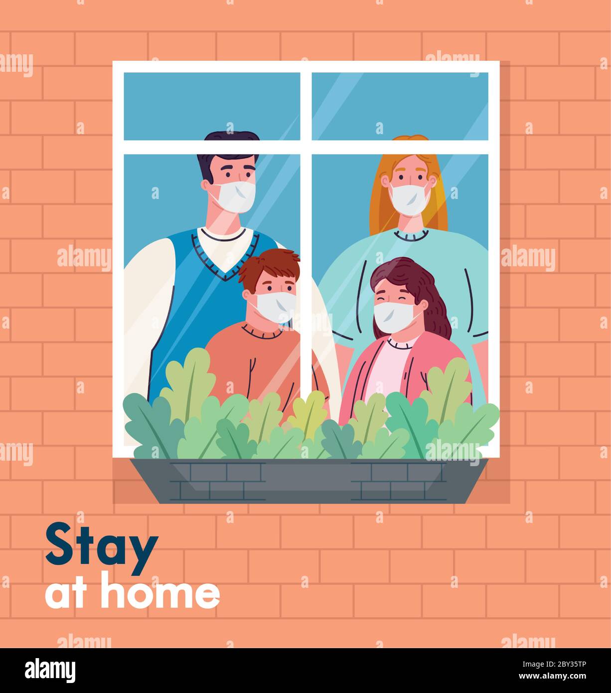 stay at home, quarantine or self isolation, house facade with window ...