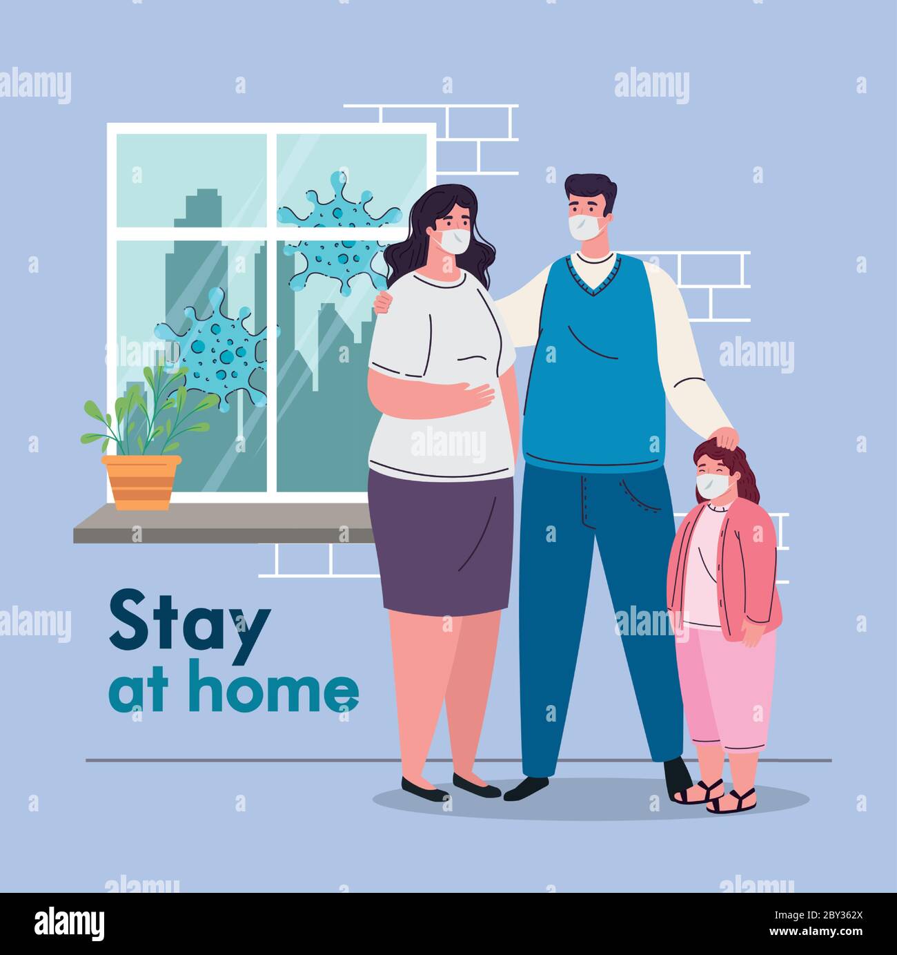 stay at home, quarantine or self isolation, parents with daughter ...