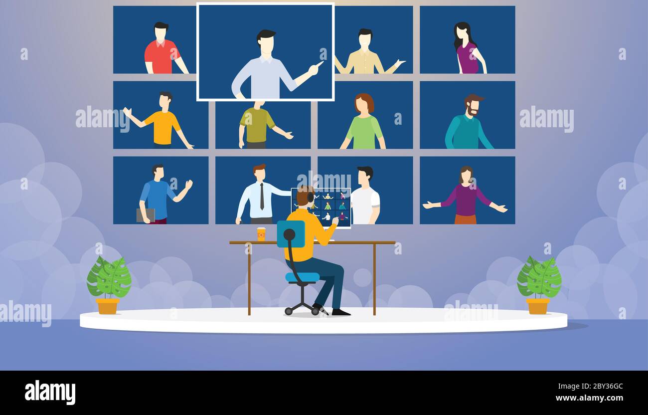 meeting through video conference application on computer flat cartoon ...