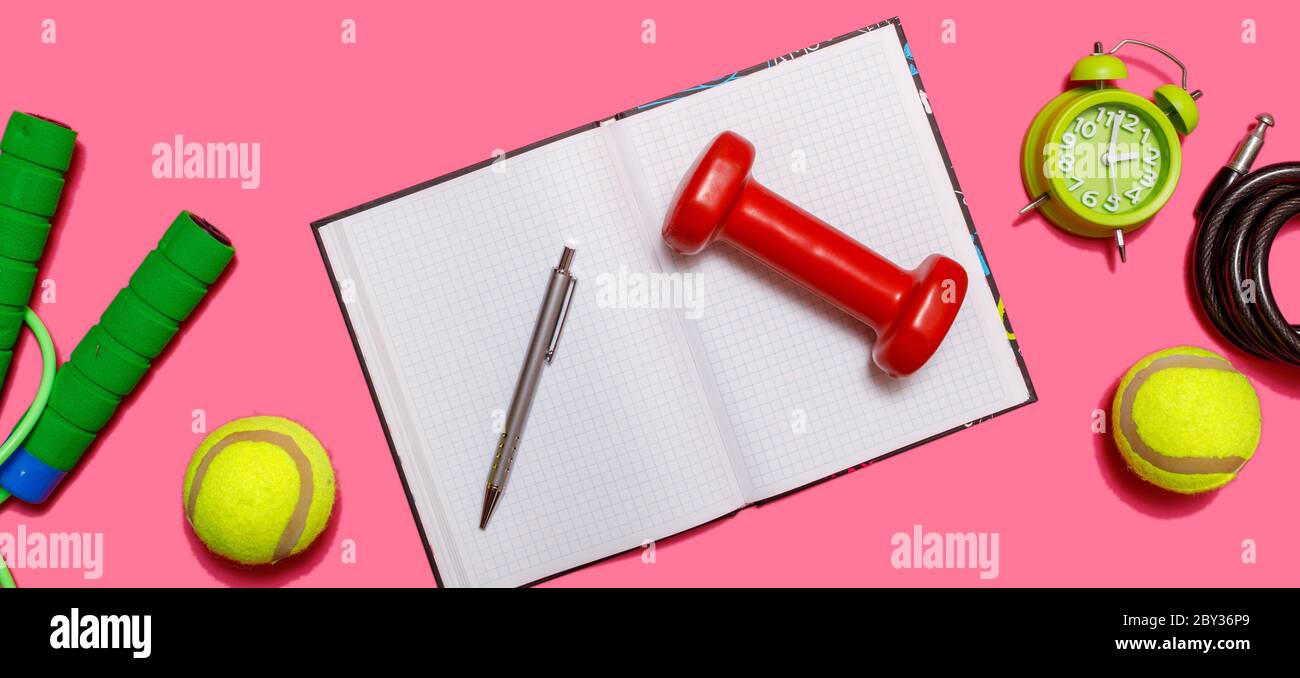 Healthy lifestyle concept with empty exercise book for text, fitness ...