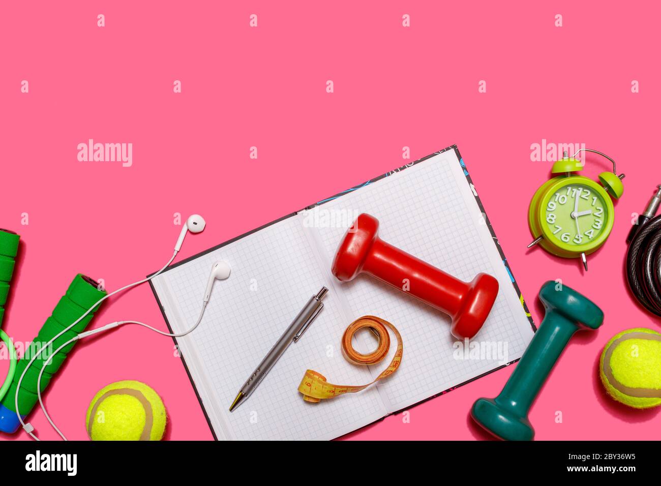 Healthy lifestyle concept with empty exercise book for text, fitness ...