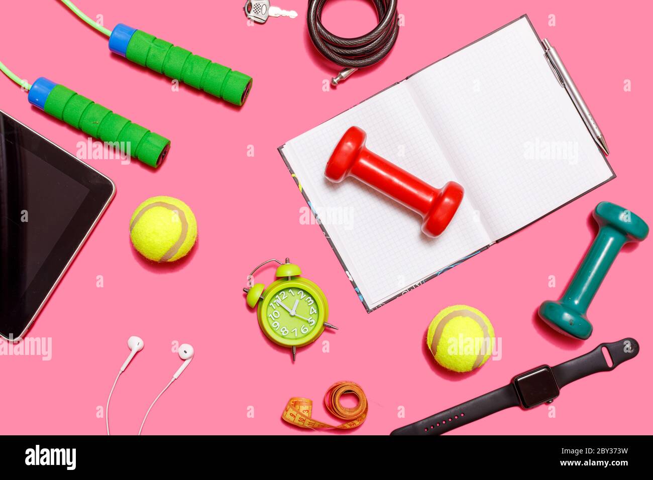 Healthy lifestyle concept with empty exercise book for text, fitness ...