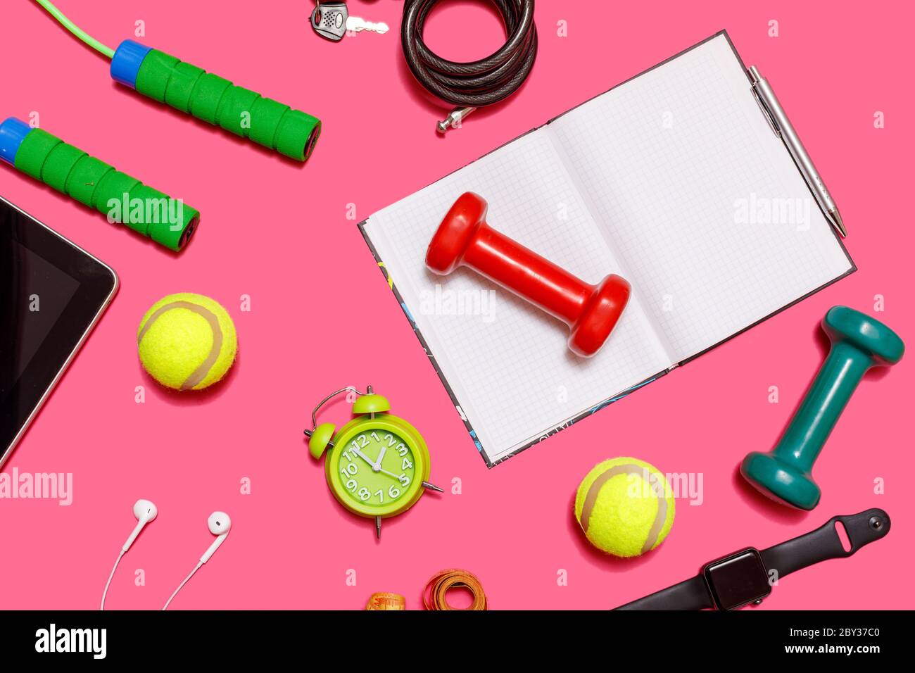 Healthy lifestyle concept with empty exercise book for text, fitness ...