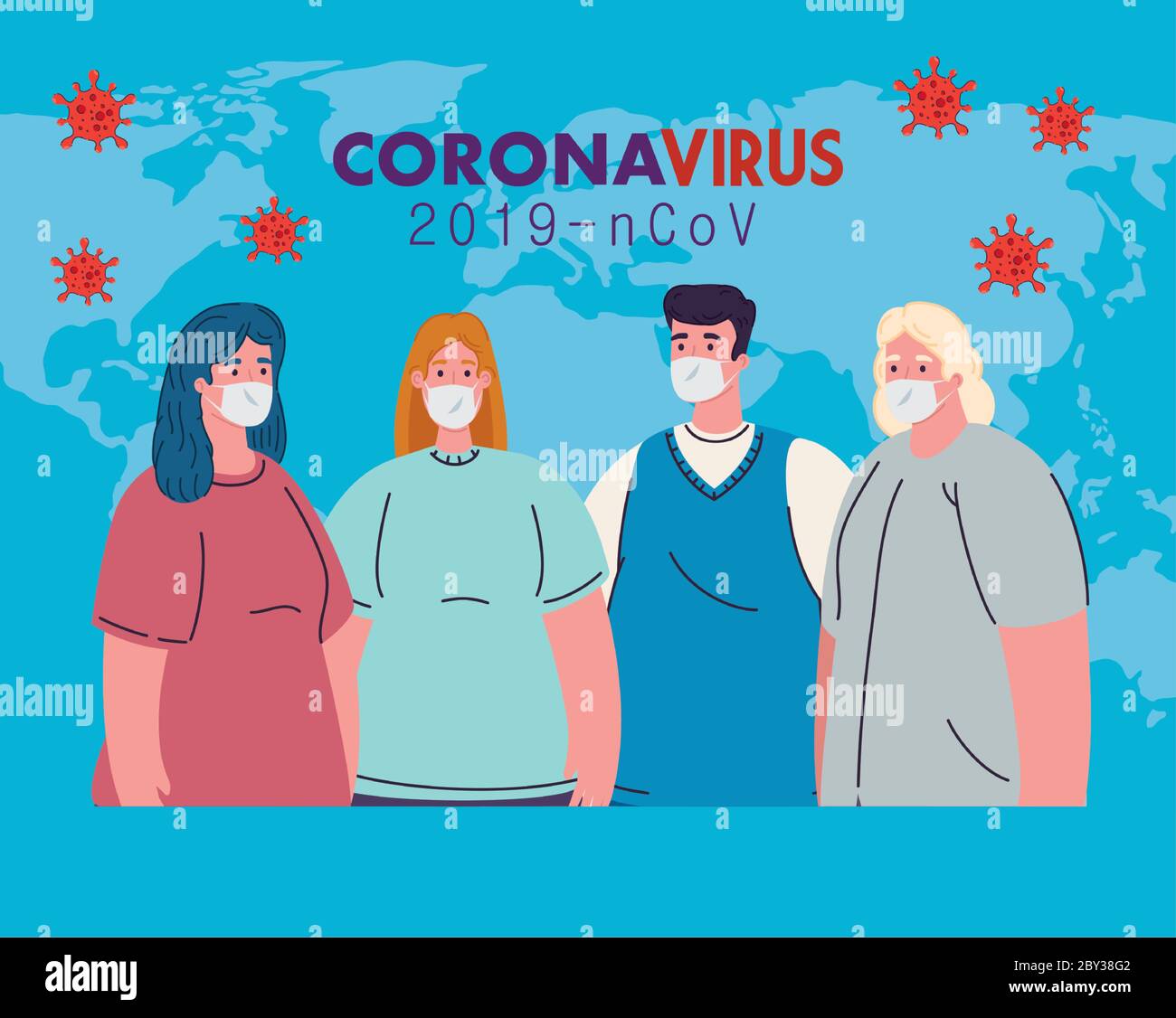 Women and men with medical masks and world map vector design Stock ...