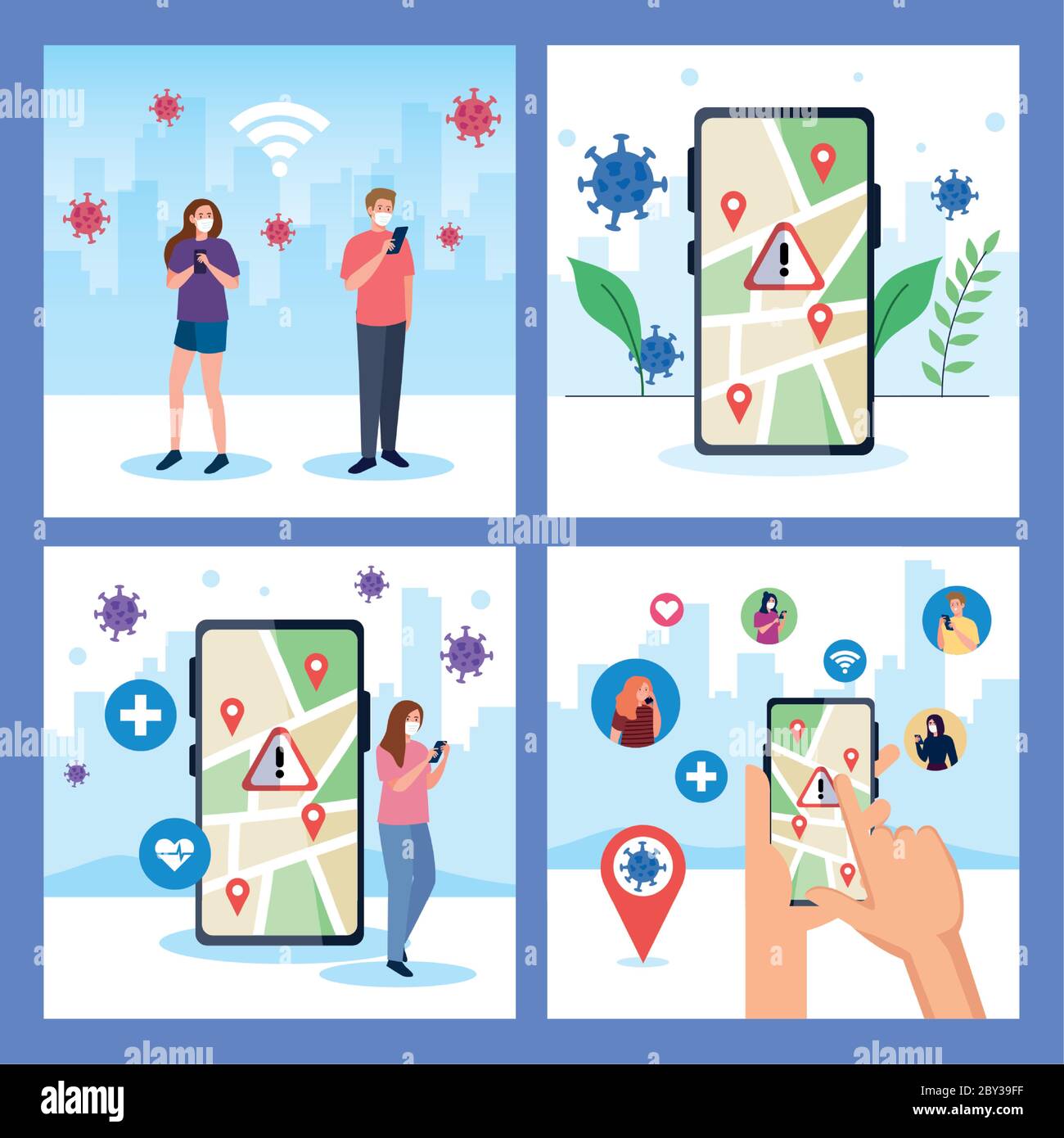 People with masks holding smartphone and gps mark on map vector design ...