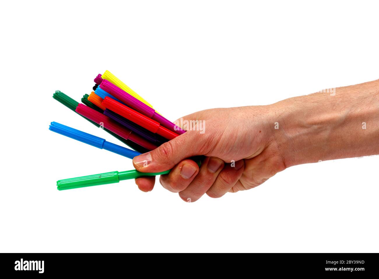 Male hand holding color marker pen isolated on white background ...