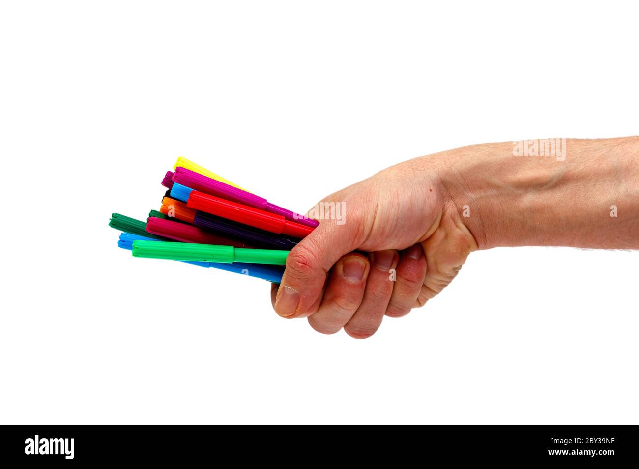 Male hand holding color marker pen isolated on white background ...