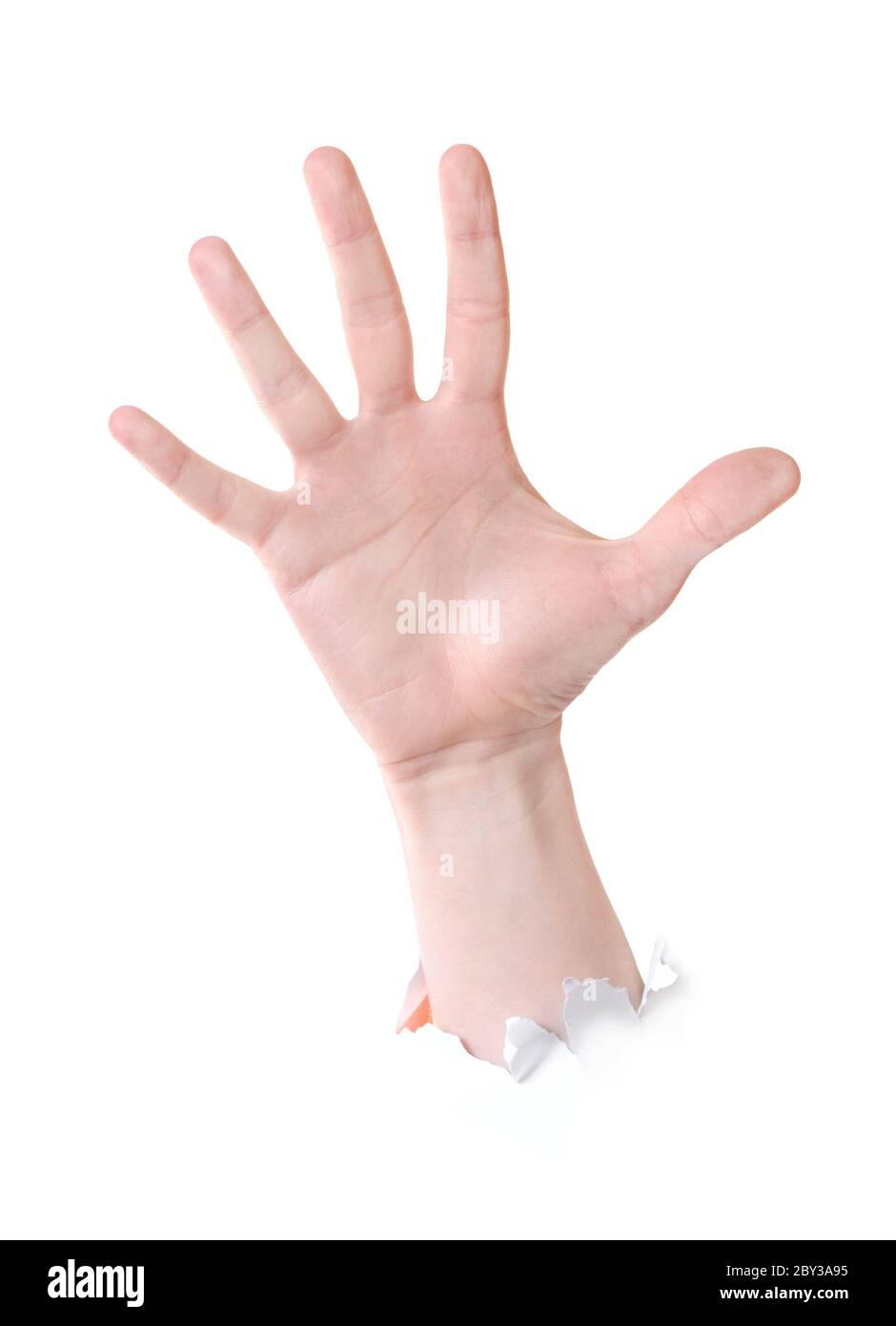 Hand punching through white paper Stock Photo - Alamy