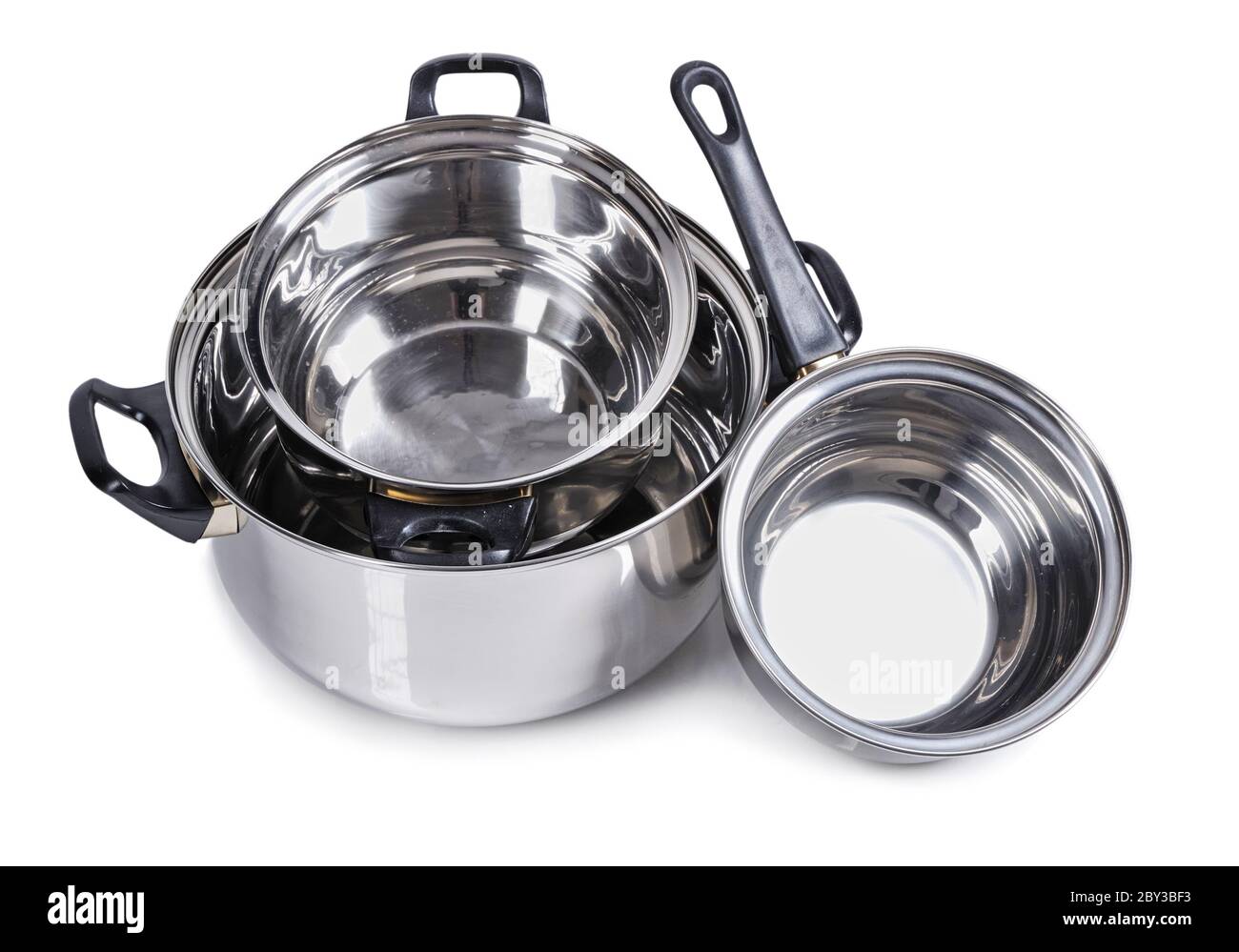 Set of metallic silver pan isolated on white Stock Photo - Alamy