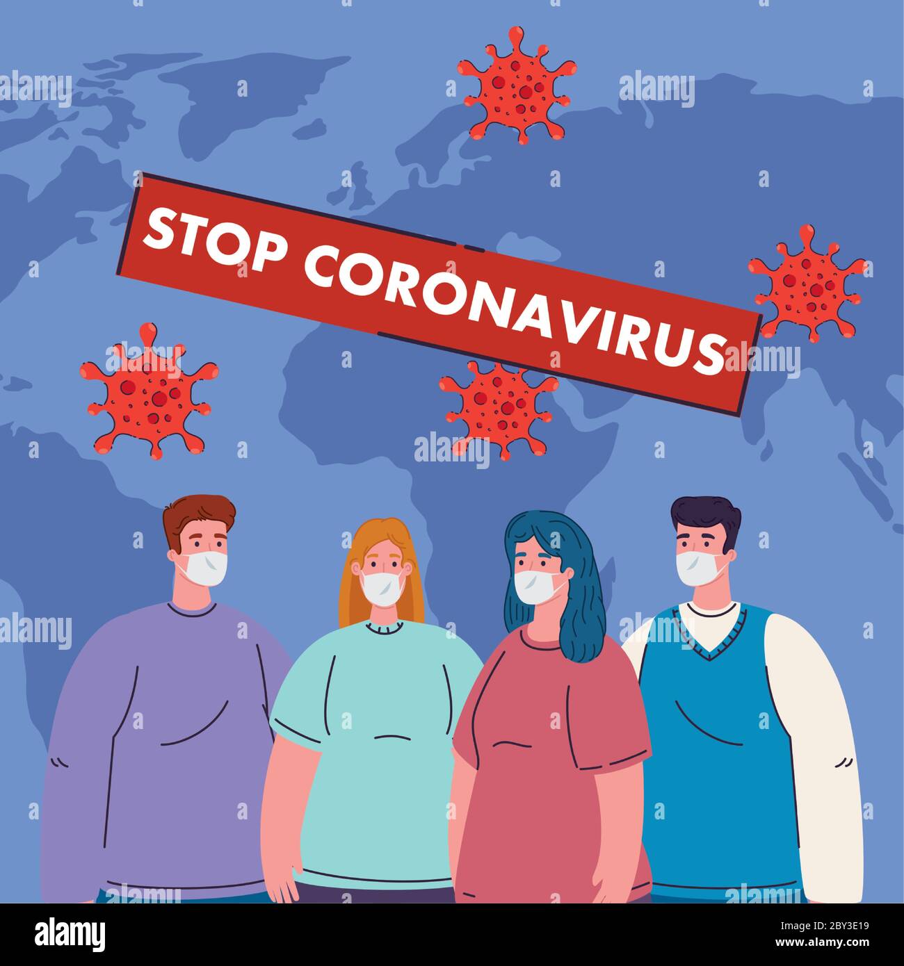 Women and men with medical masks and world map vector design Stock ...