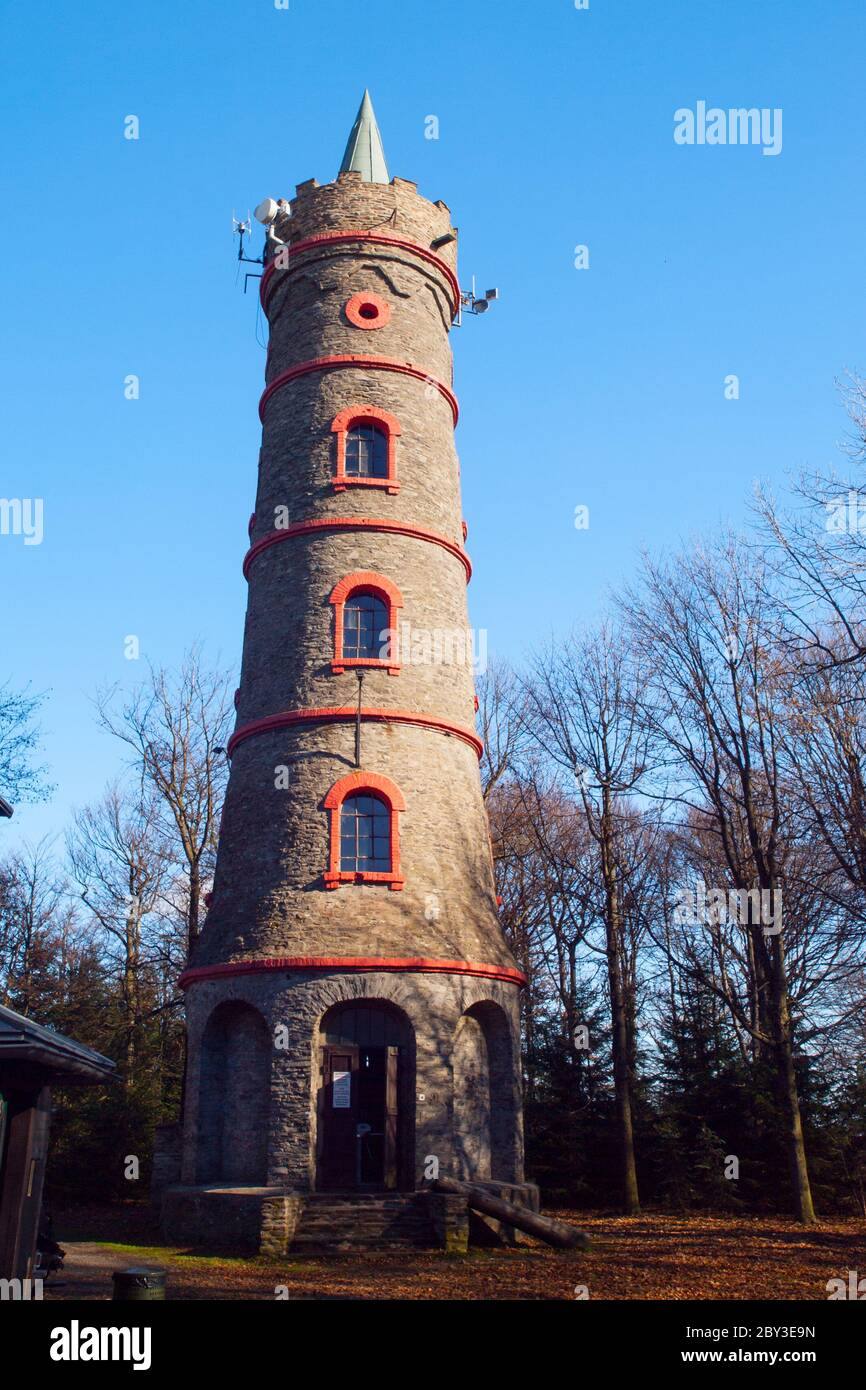 Stone lookout tower on Jedlova Mountain in Lusatian Mountains, Bohemian ...
