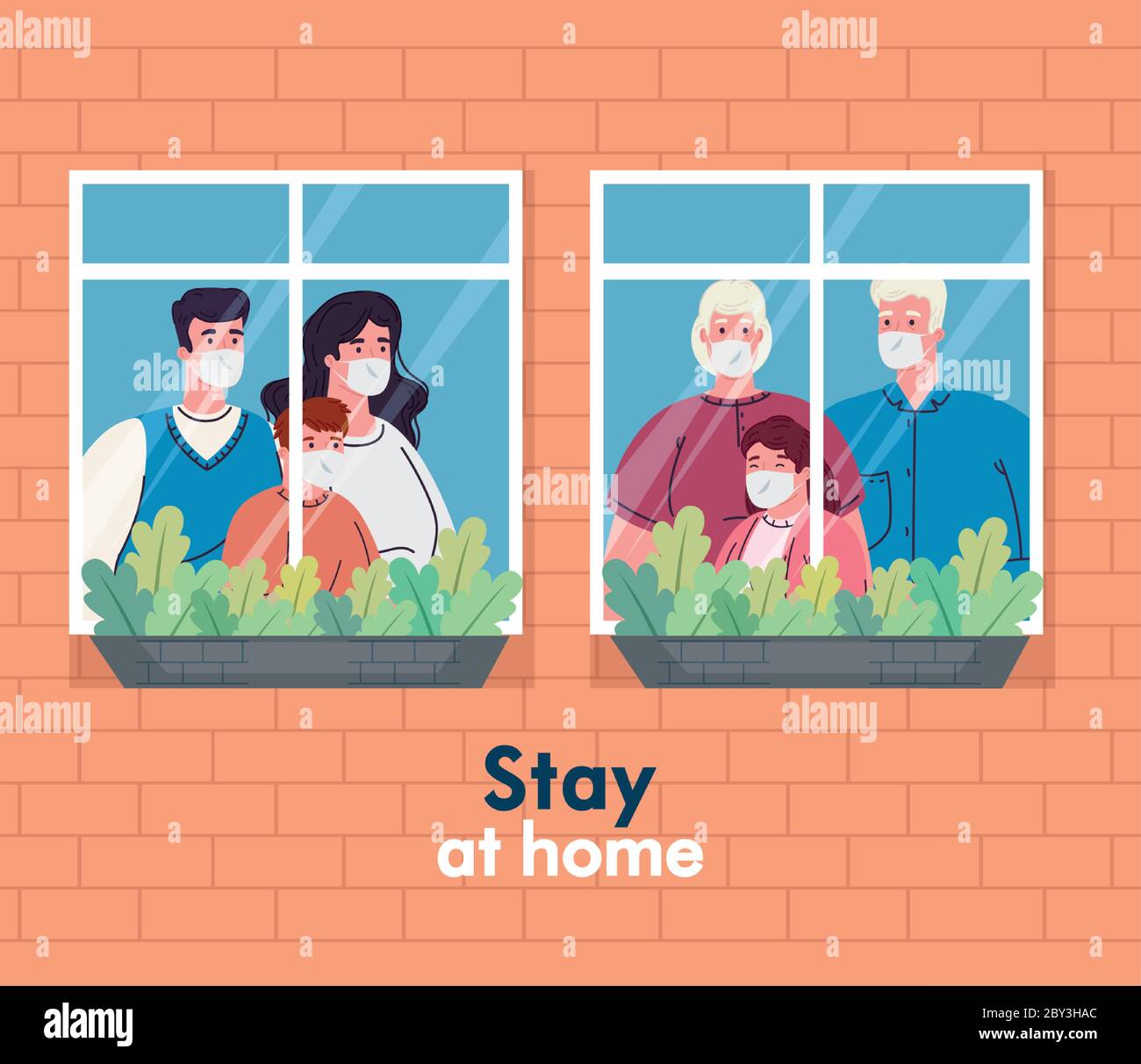 stay at home, quarantine or self isolation, house facade with windows ...