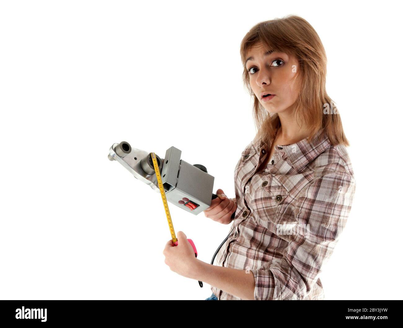 Portrait beautiful girl with tape measure Stock Photo - Alamy
