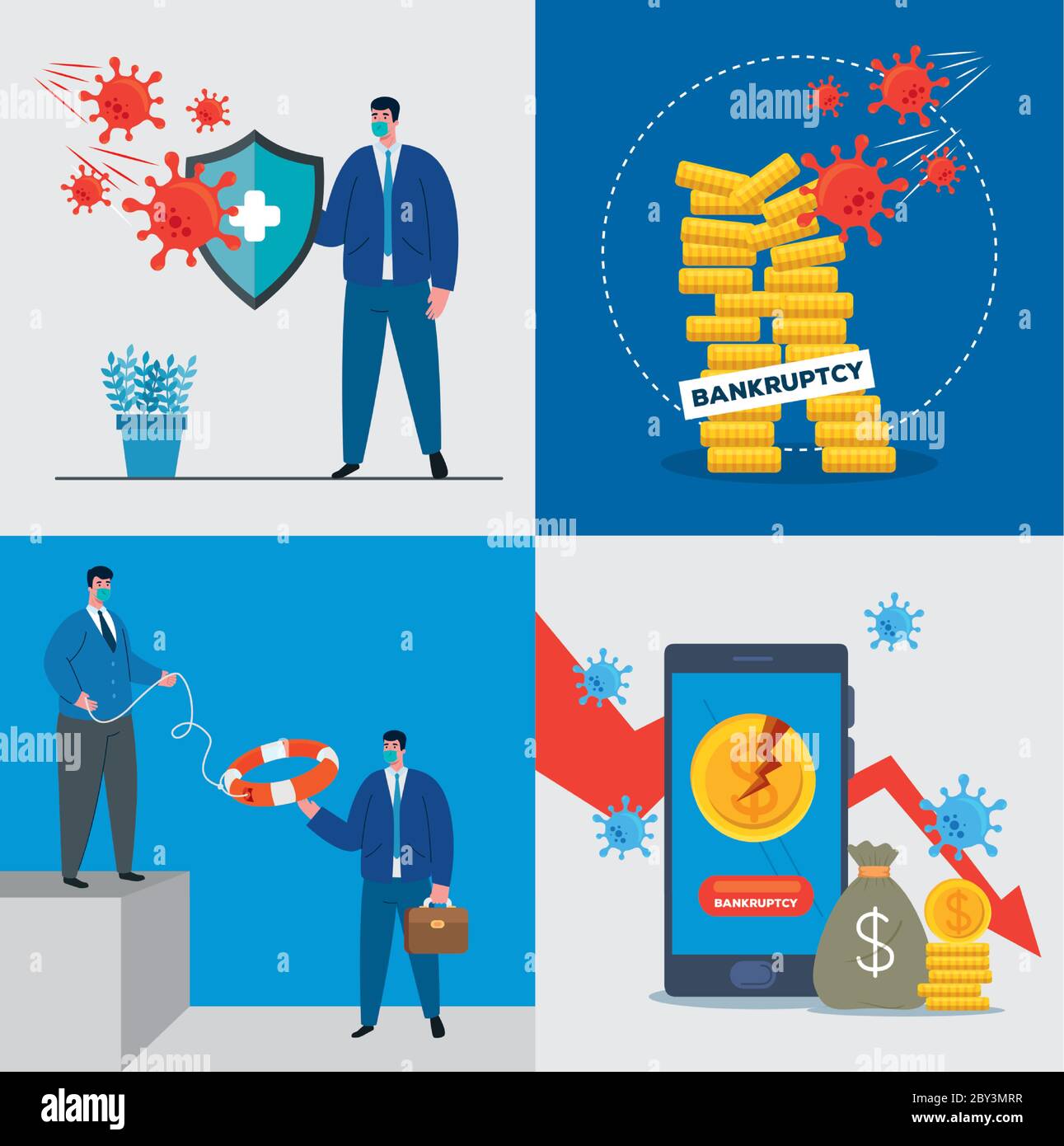 businessmen with masks and money icon set of bankruptcy vector design ...