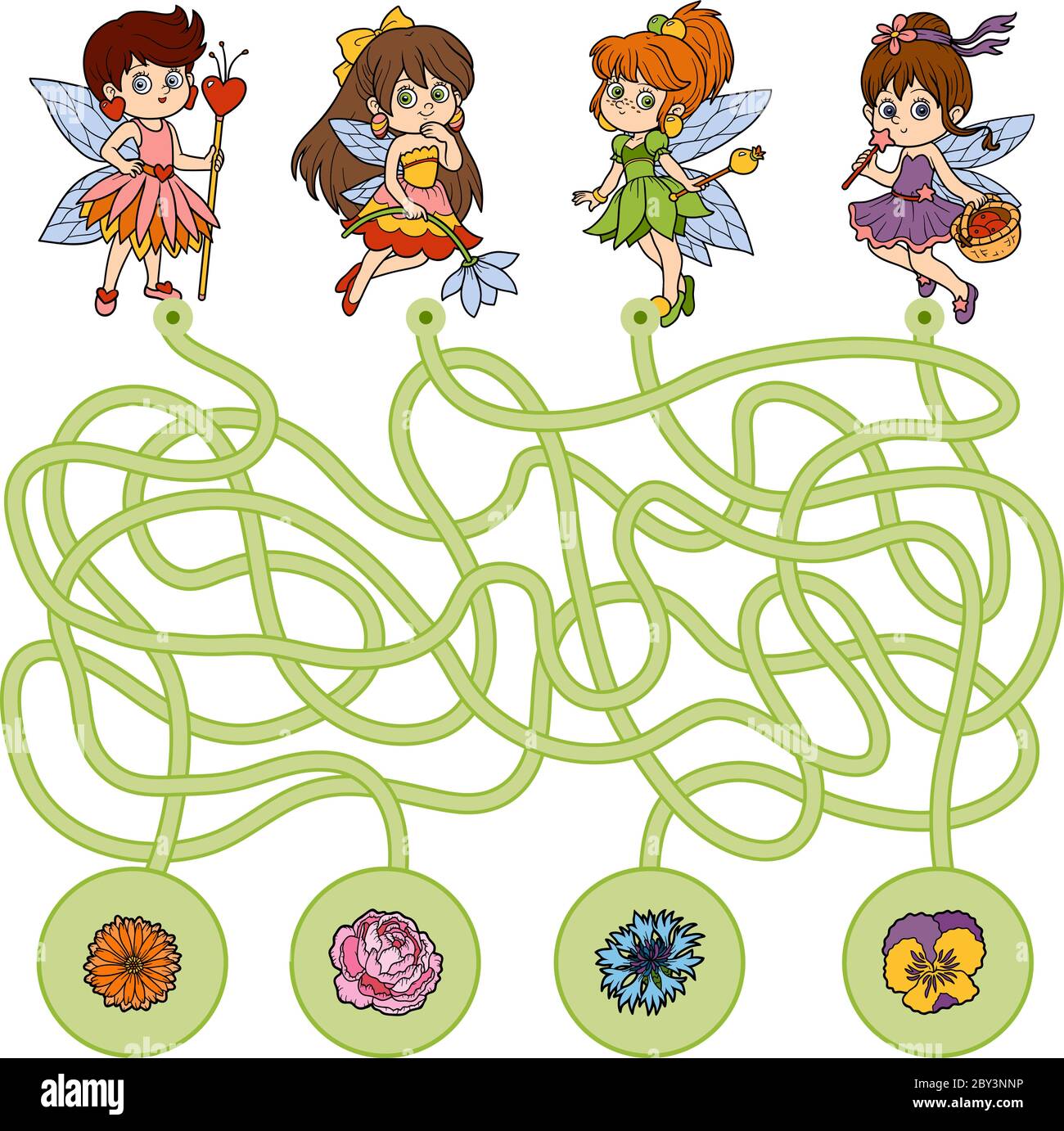Maze game, education game for children. Little fairies and flowers ...