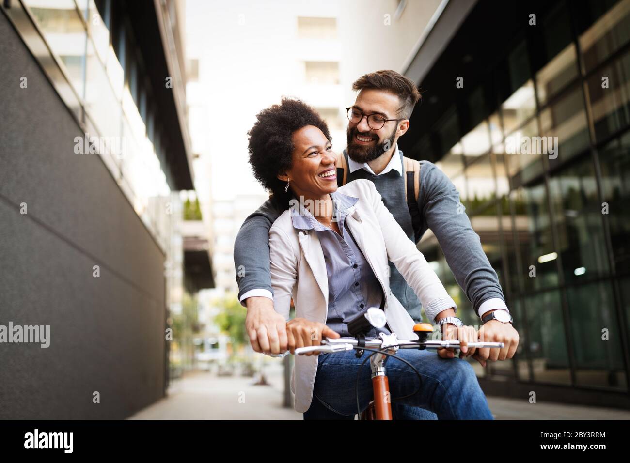 Happy young couple with bicycle. Love, relationship, people, freedom ...
