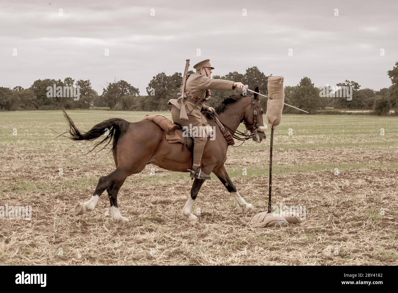 World War One British cavalry soldier seen practising his sword ...
