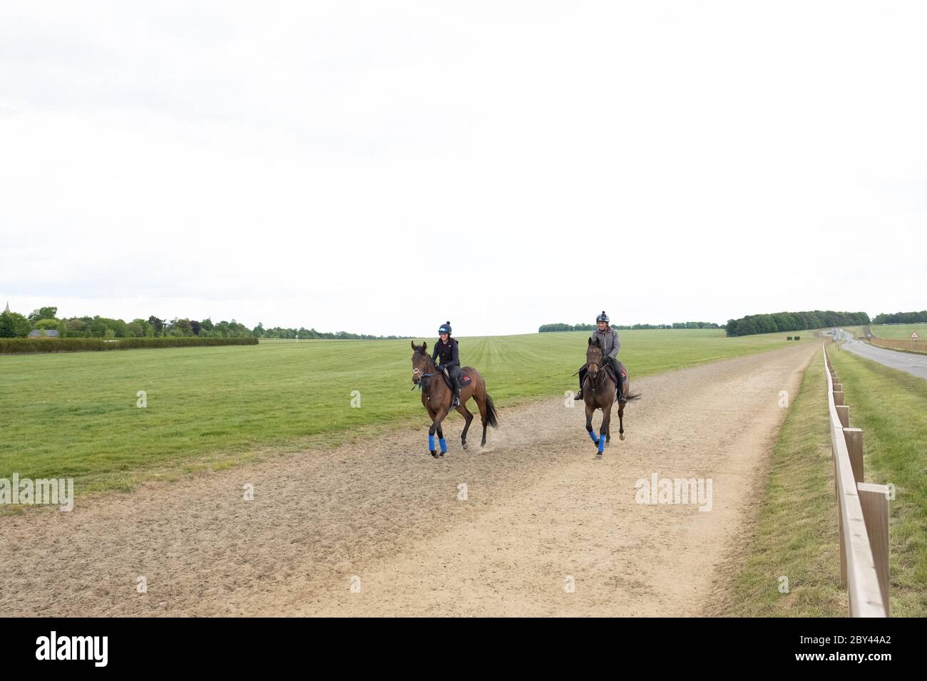 Pair of riders seen on galloping horses in a public, open space. Seen ...