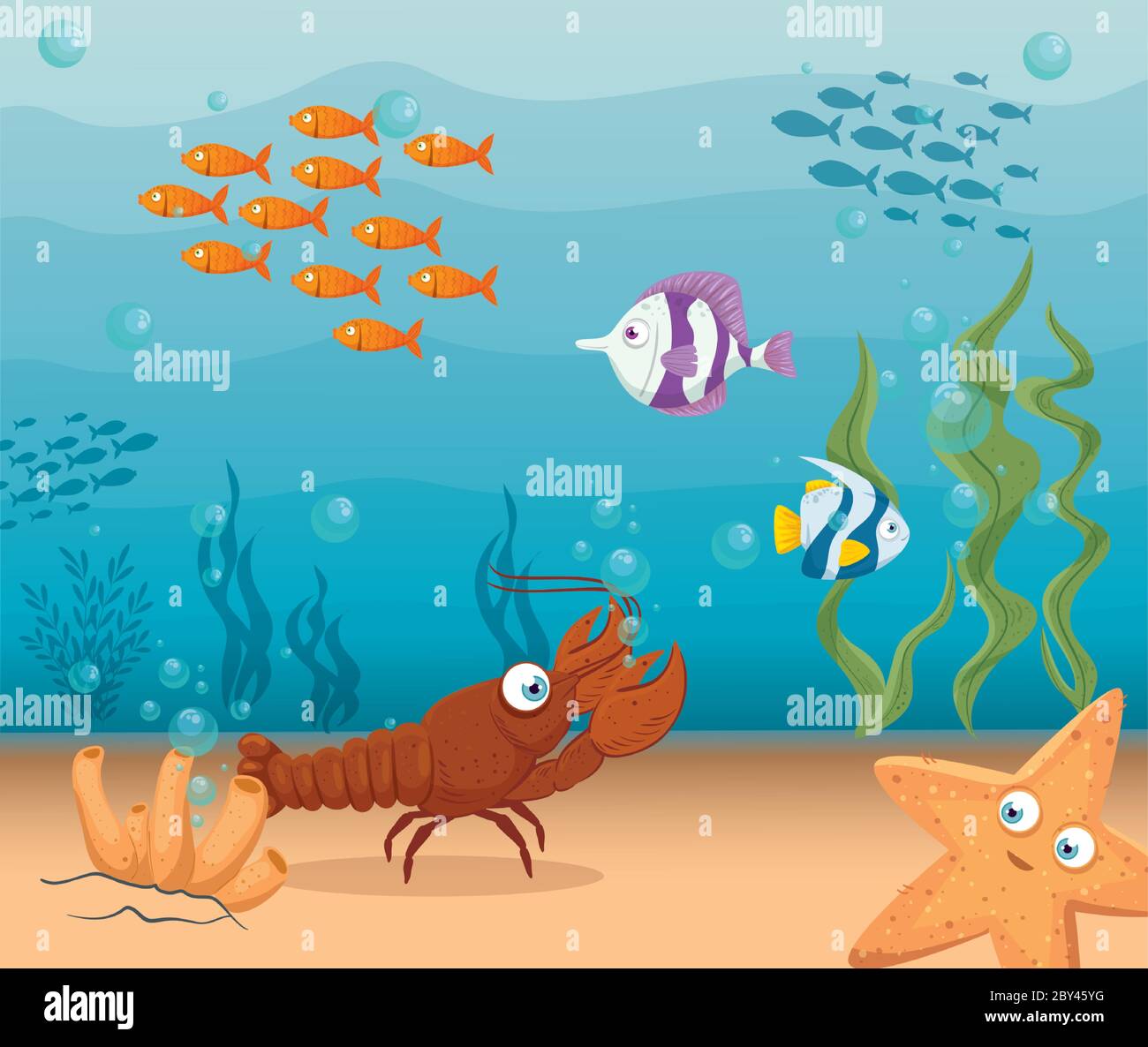 lobster with fishes and wild marine animals in ocean, seaworld dwellers ...