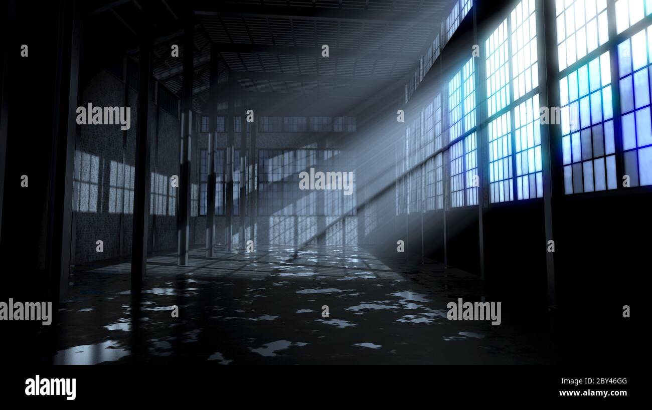 An empty and abandoned factory interior in the nighttime with bright ...