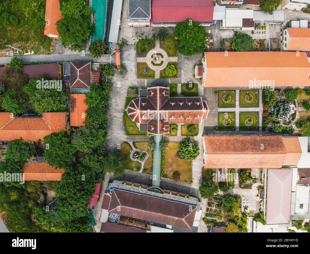 Top view aerial photo from flying drone of Thu Thiem Church in Thu ...