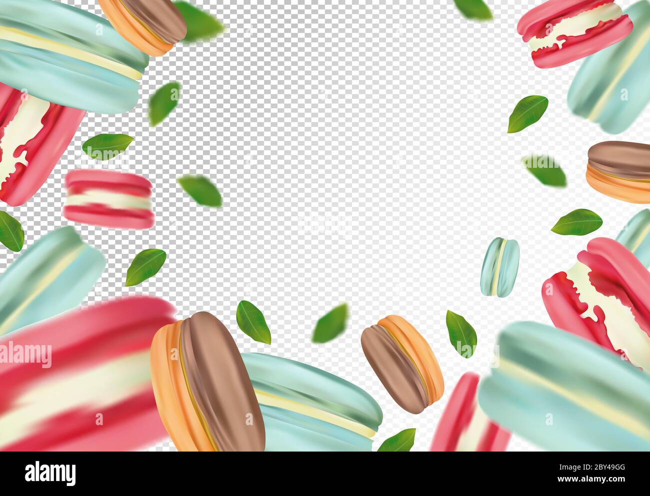 Flying colorful macaroons on transparent background. France macaroons ...
