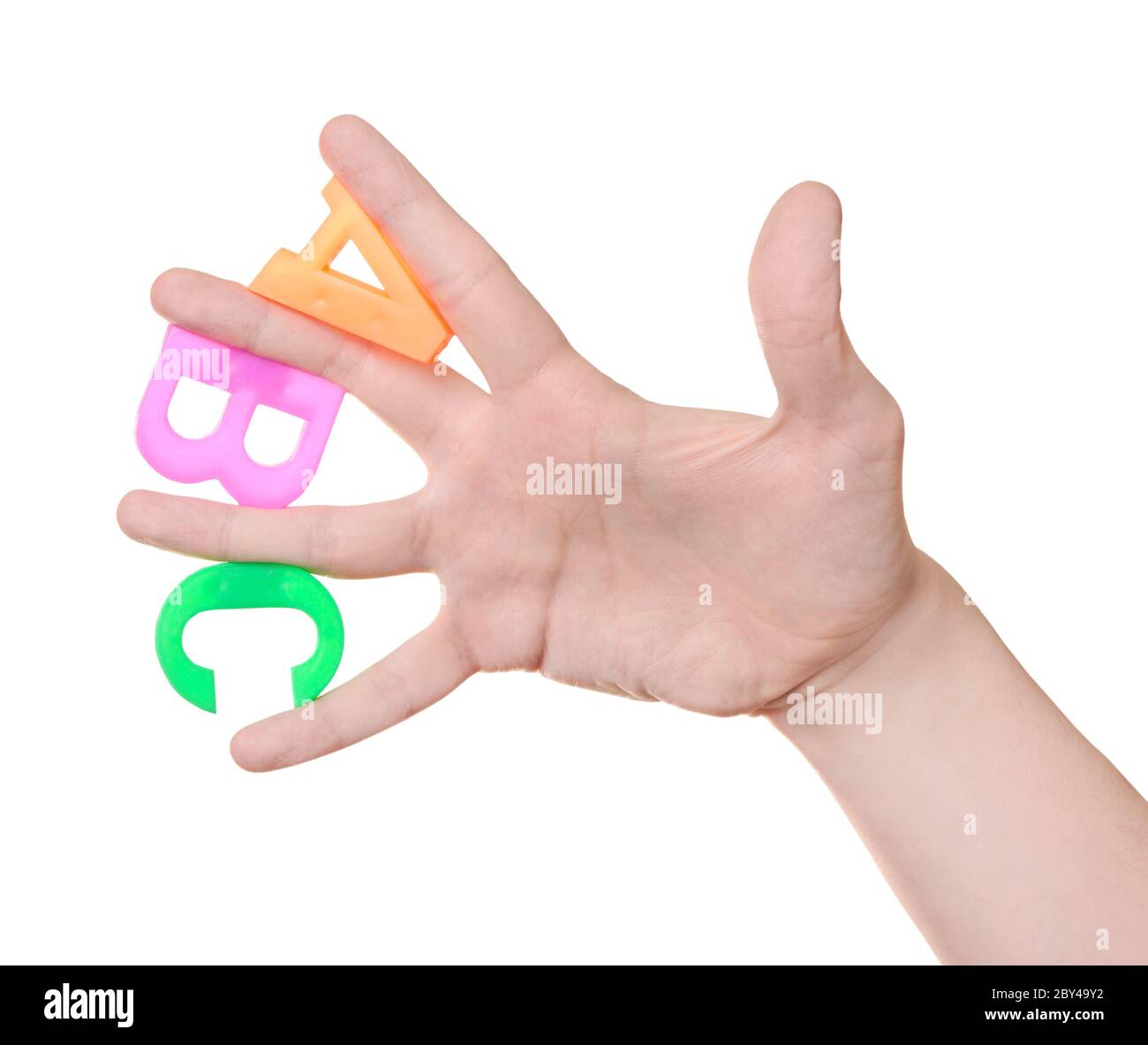 A B C letters in hand isolated on white background Stock Photo - Alamy