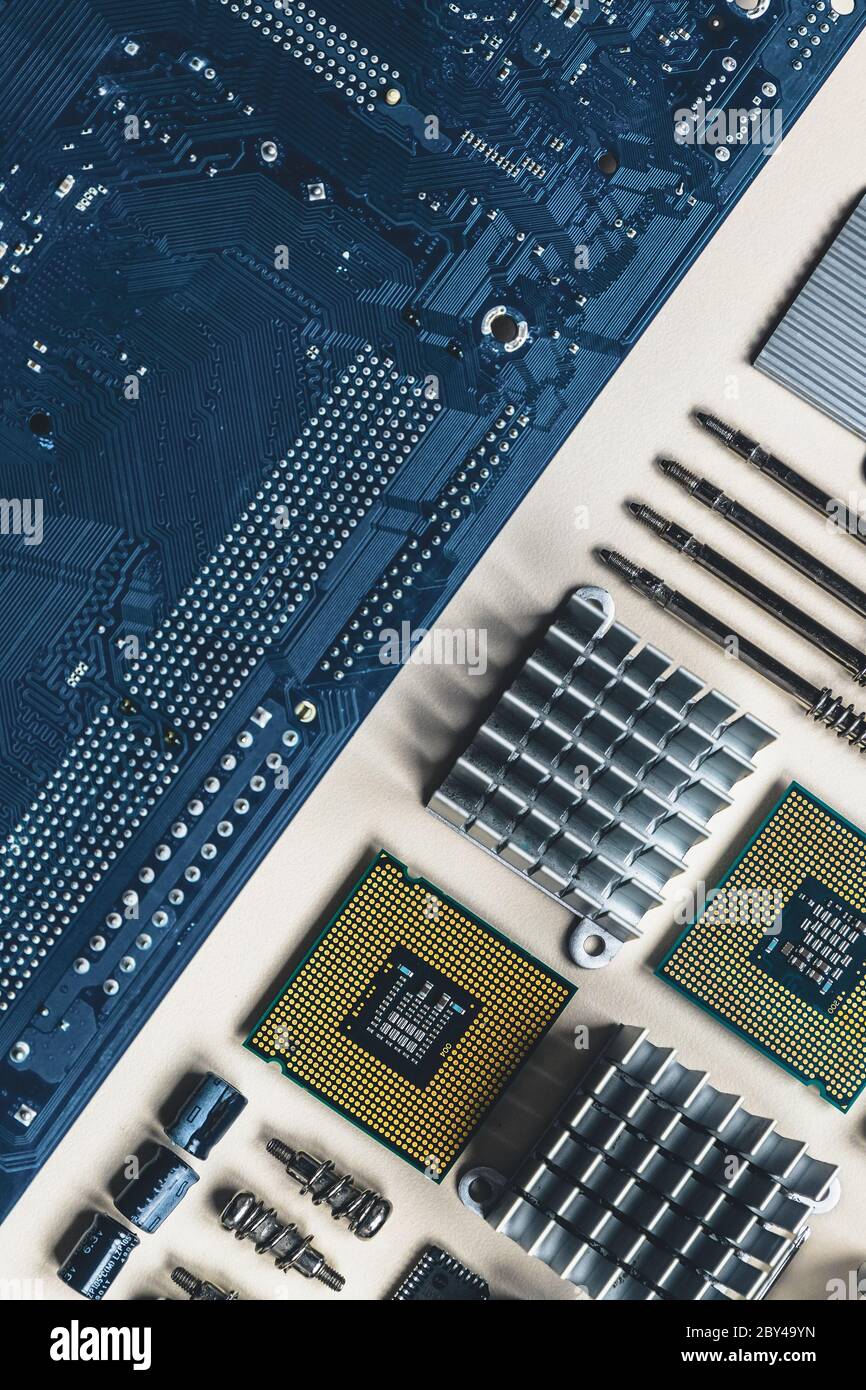 Top view of computer parts and components on white background with copy ...