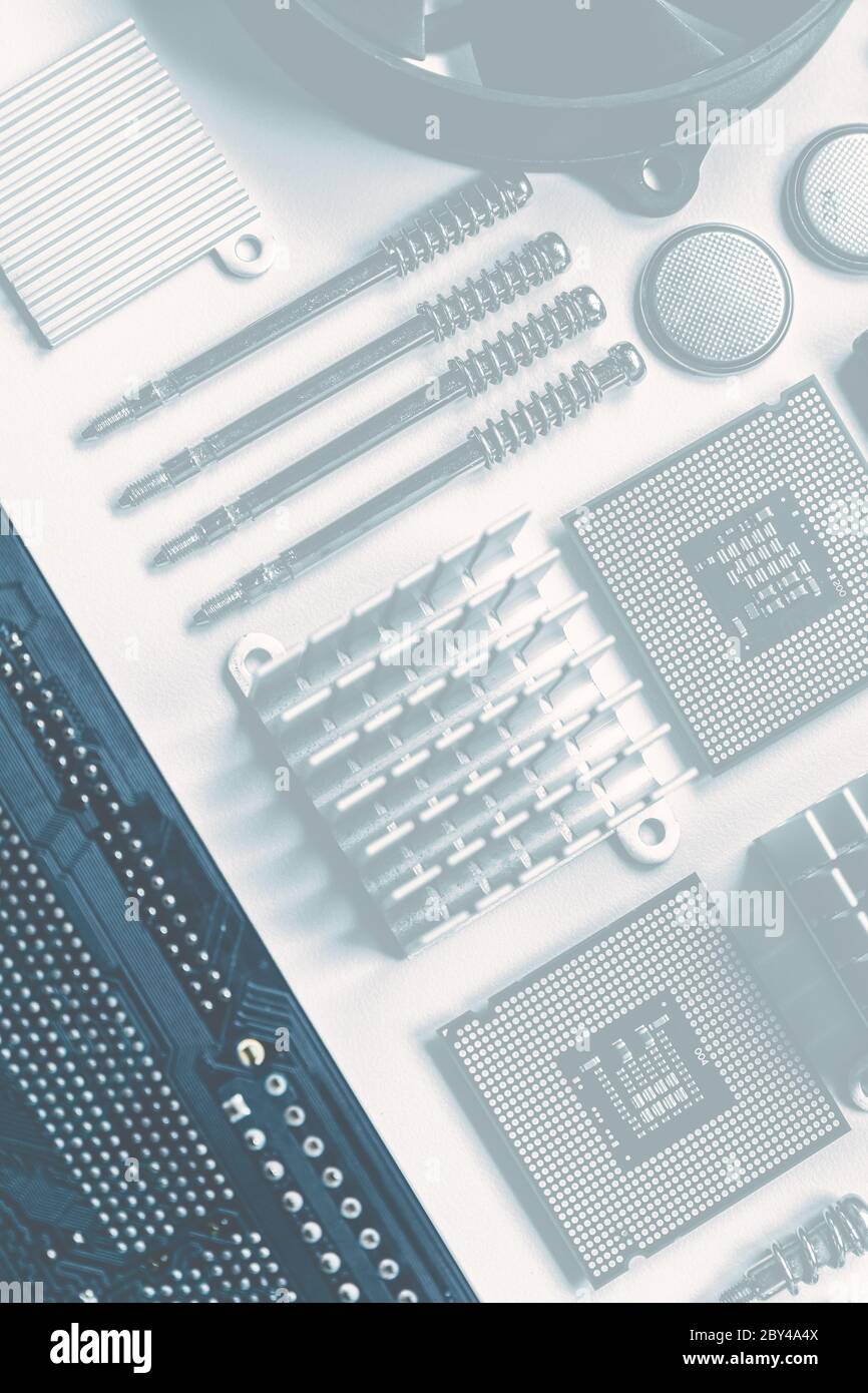 Top view of computer parts and components on white background with copy ...