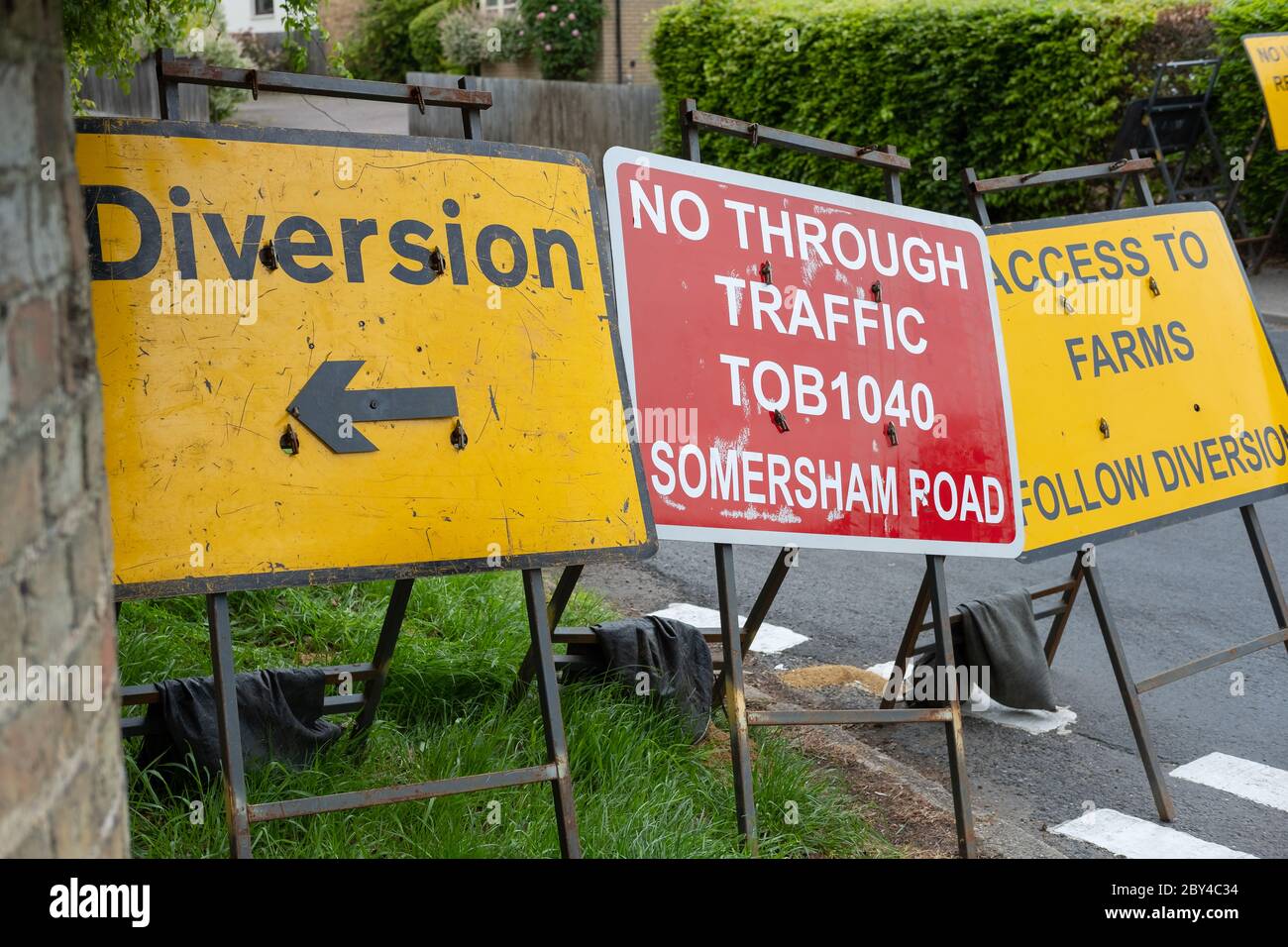 Newly installed Diverted Traffic sign seen erected on a pavement, near ...