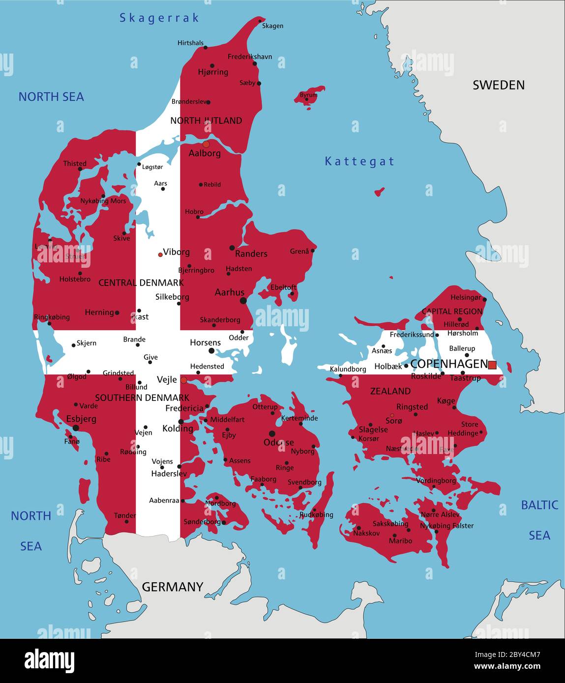 Denmark highly detailed political map with national flag isolated on ...