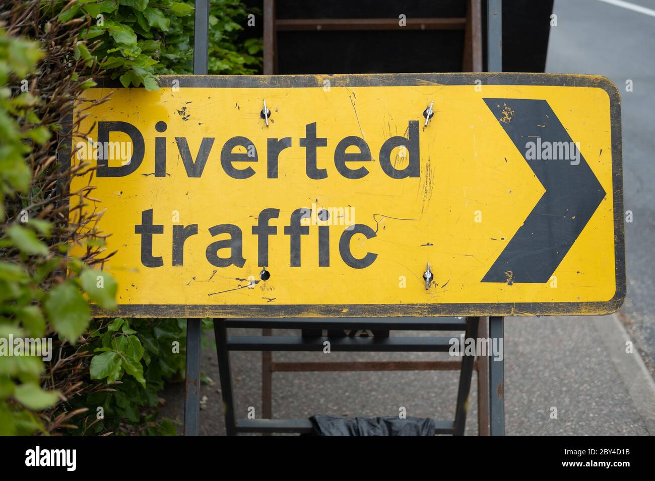 Newly installed Diverted Traffic sign seen erected on a pavement, near ...