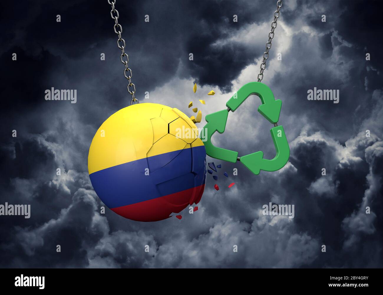 Green recycle symbol crashing into a Colombia flag ball. 3D Rendering ...
