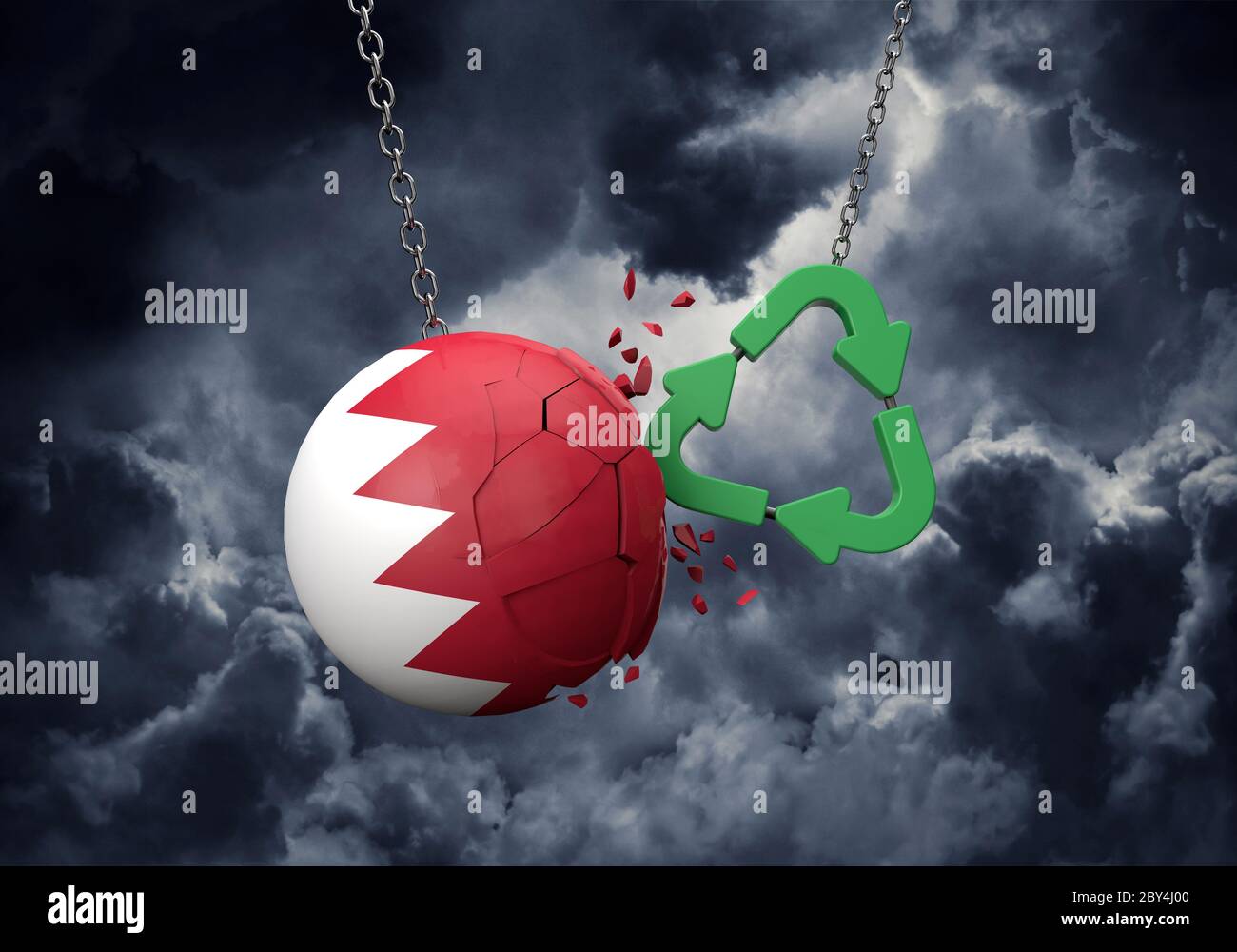 Green recycle symbol crashing into a Bahrain flag ball. 3D Rendering ...