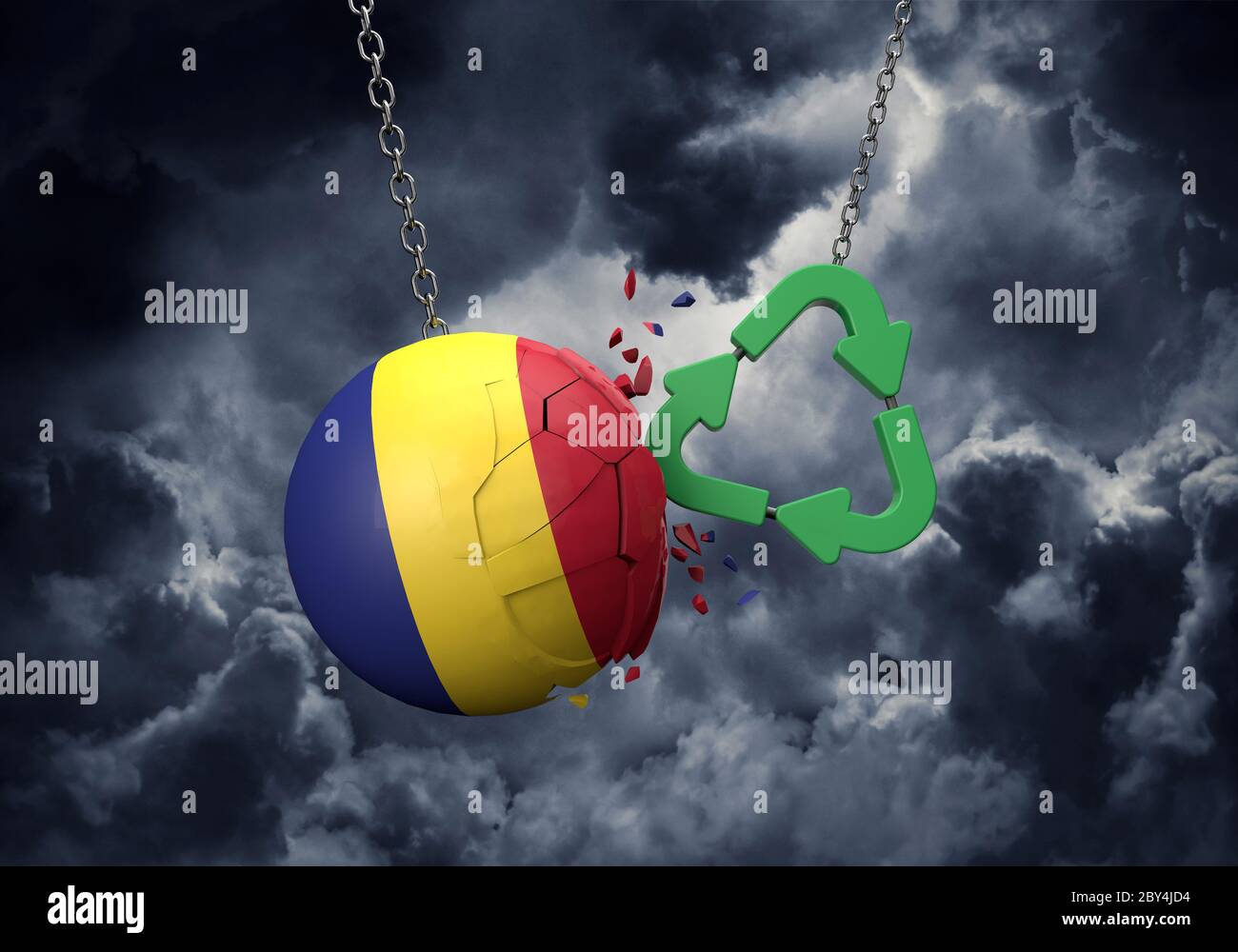 Green recycle symbol crashing into a Romania flag ball. 3D Rendering ...