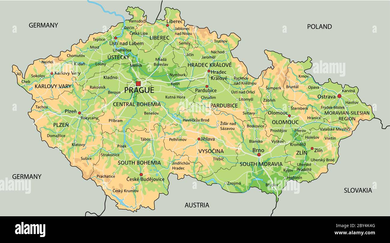 High detailed Czech Republic physical map with labeling Stock Vector ...