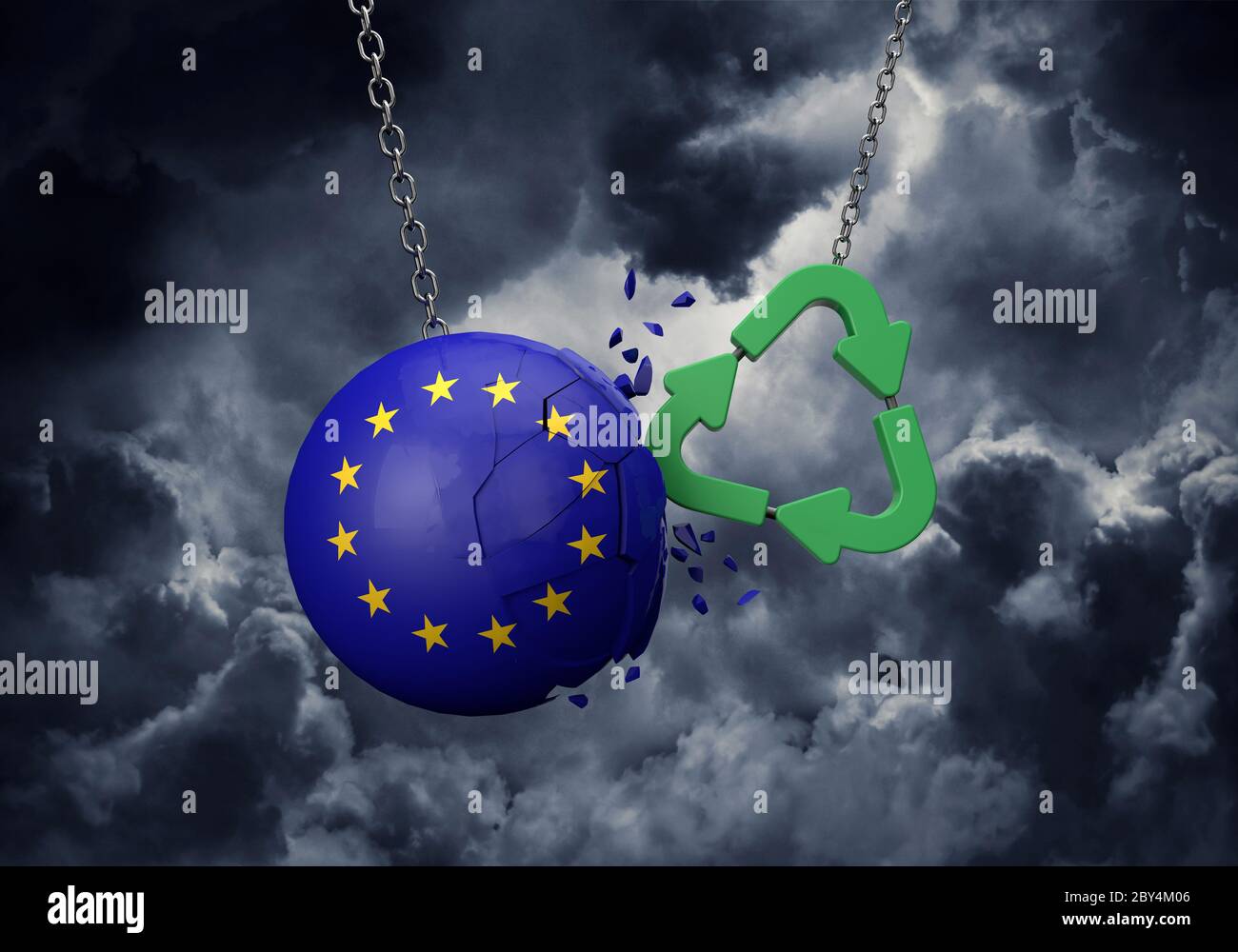 Green recycle symbol crashing into a European Union flag ball. 3D ...