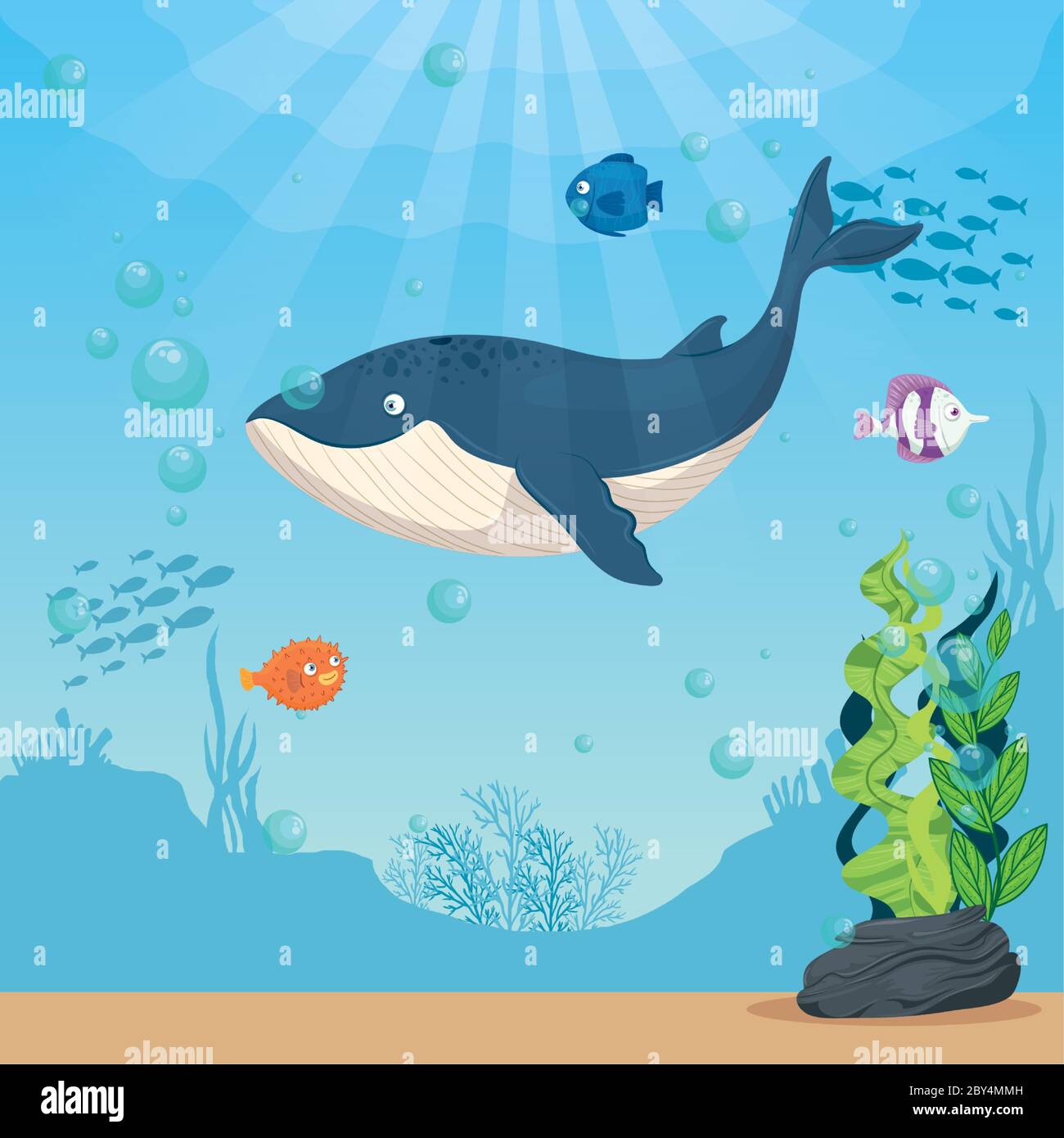 blue whale with fishes and wild marine animals in ocean, sea world ...