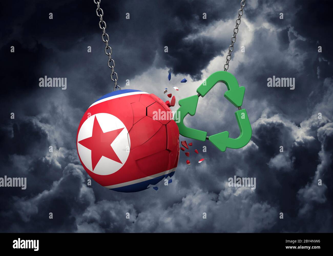 Green recycle symbol crashing into a North Korea flag ball. 3D ...