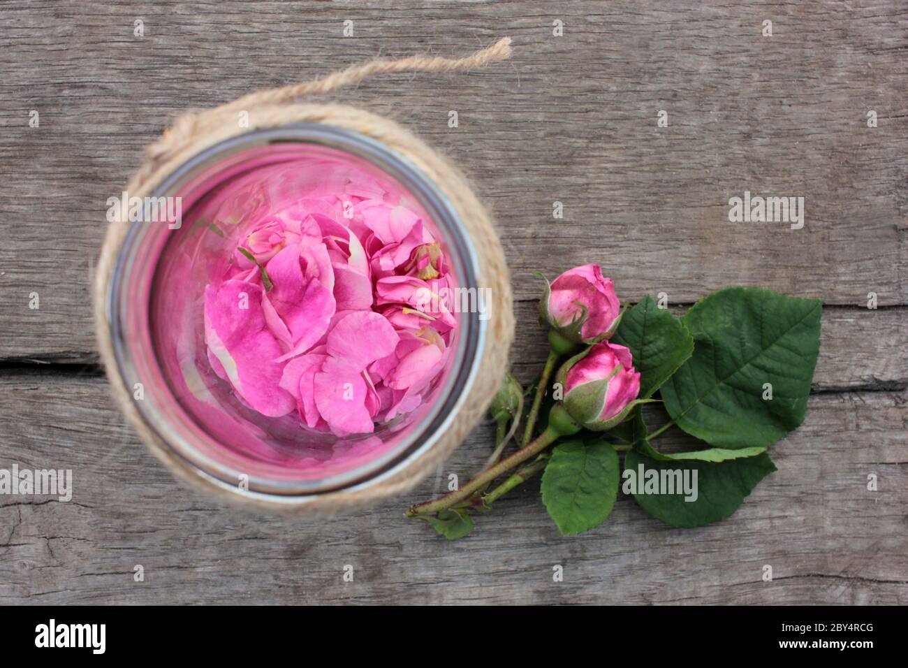 Pink tea rose petals in a glass jar, buds, and flowers on rustic wooden ...