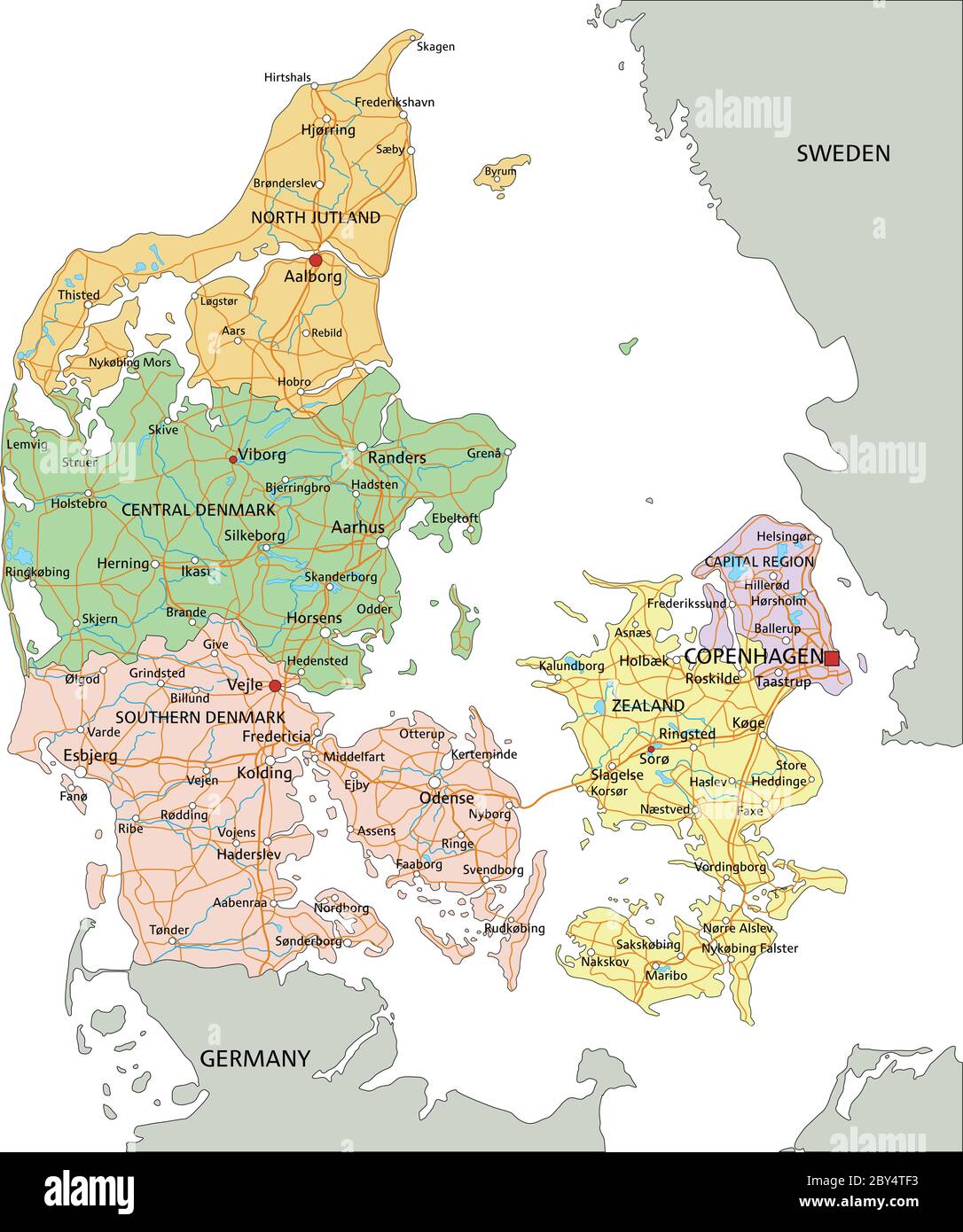 Denmark - Highly detailed editable political map with labeling Stock ...