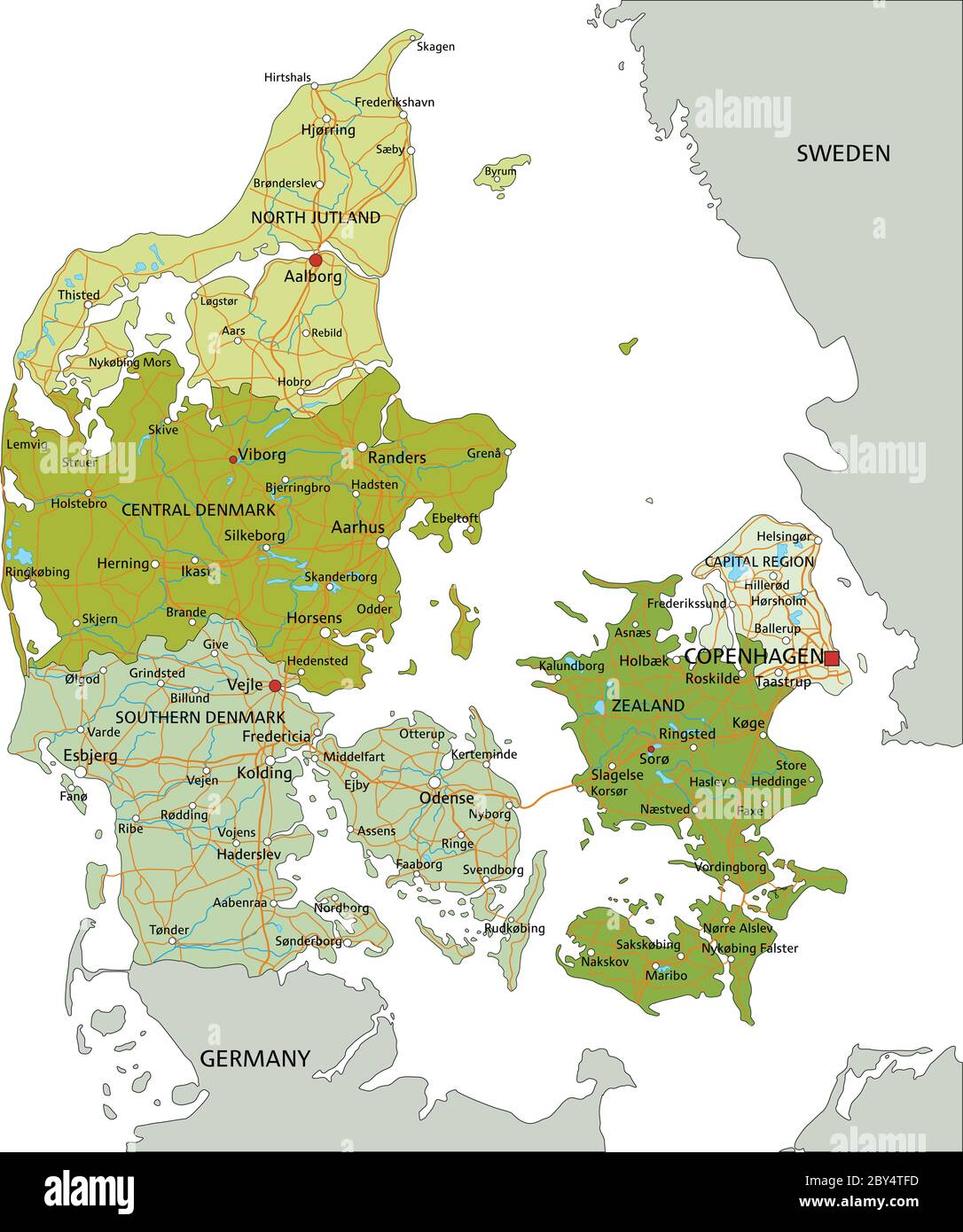 Highly detailed editable political map with separated layers. Denmark ...