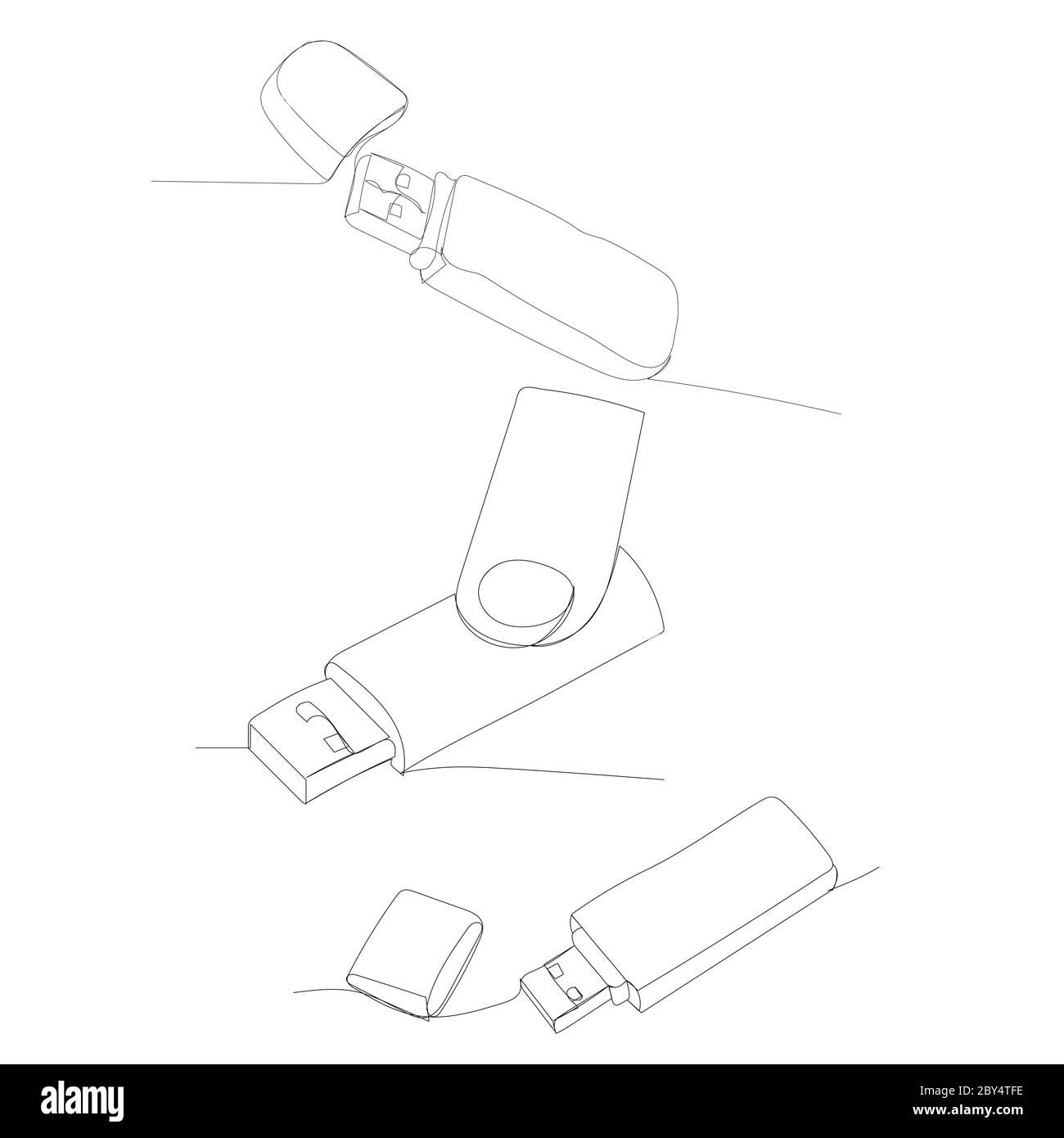 vector, on a white background, continuous line drawing of flash drive ...